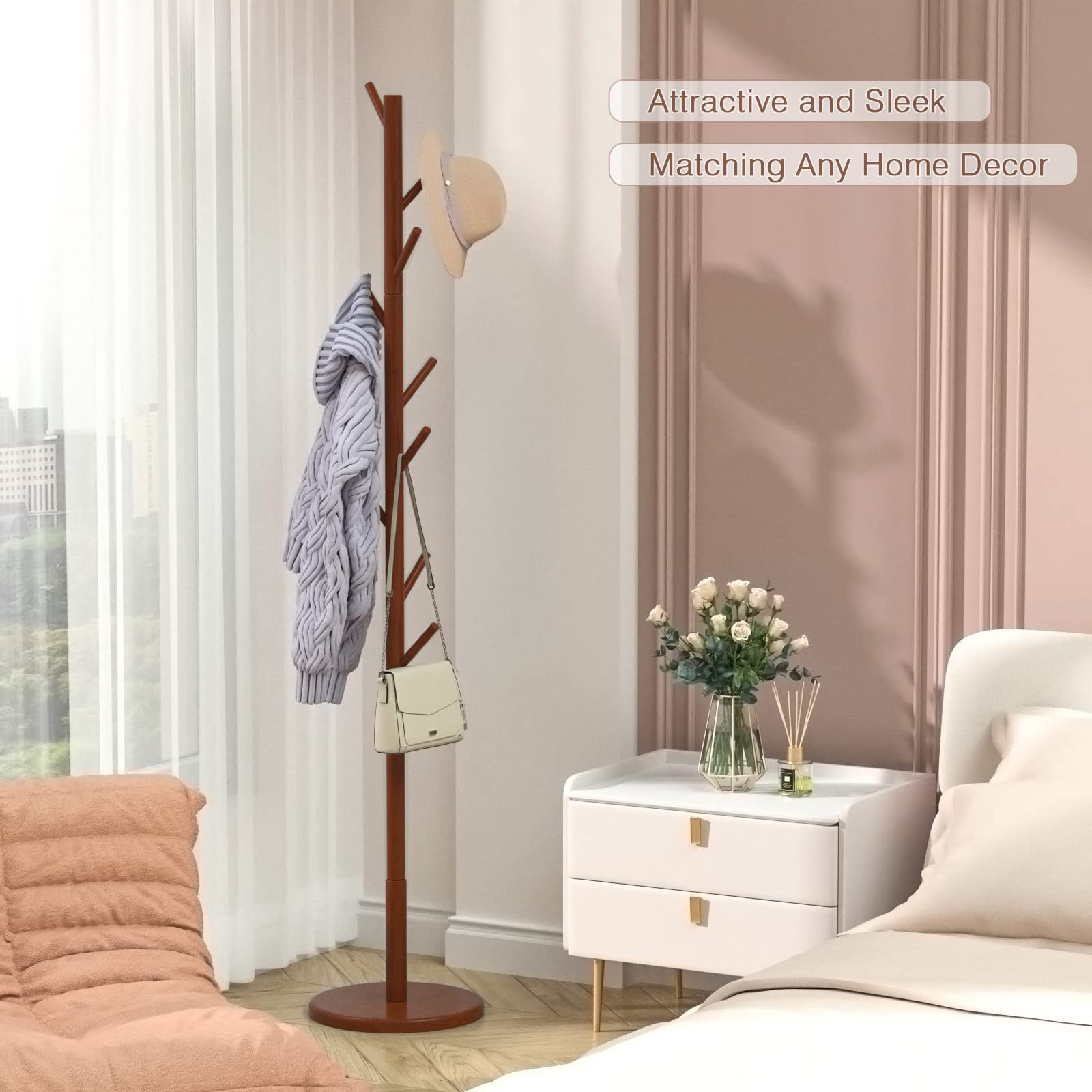 Wooden Coat Rack Freestanding Coat Tree with 4 Height Options and 9 Hooks, Sturdy Coat Rack Stand for Clothes/Bags/Hats, Easy Assemble Save Space for Entryway,Bedroom,Office,Narrow Place (Brown)