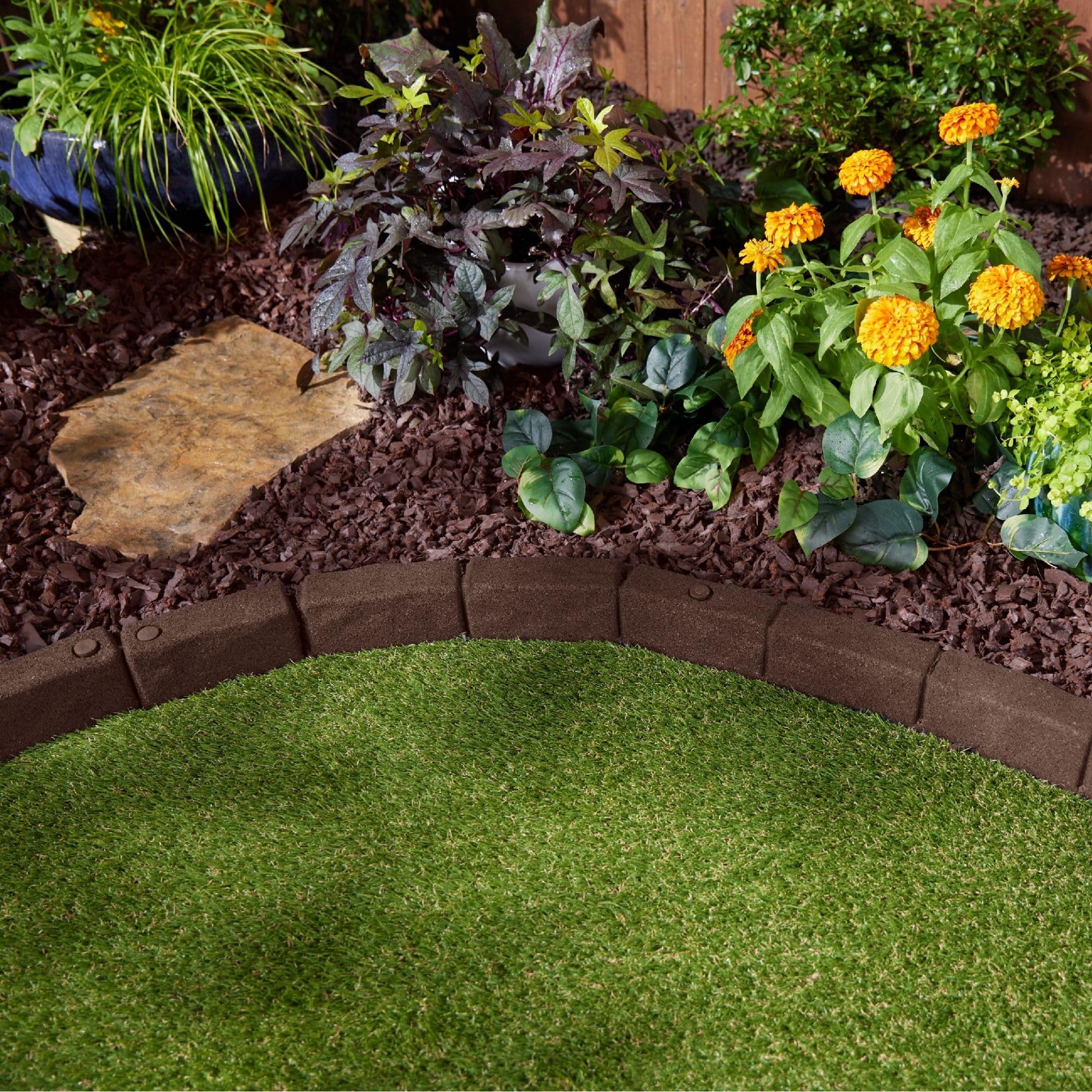 Rubberific 4' Rubber Cobblestone Flexible No Dig Landscape Mulch Border Edging with Anchoring Spikes for Lawns, Gardens, and Flower Beds - 4 Pack (Brown)