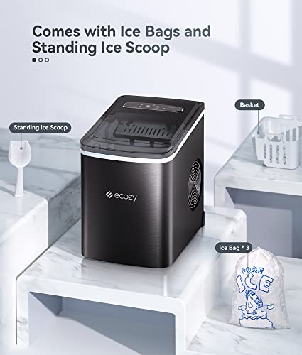 ecozy Portable Ice Maker Countertop, 9 Cubes Ready in 6 Mins, 26 lbs in 24 Hours, Self-Cleaning, Includes Ice Bags/Scoop/Basket for Home Kitchen Office Bar Party, Black