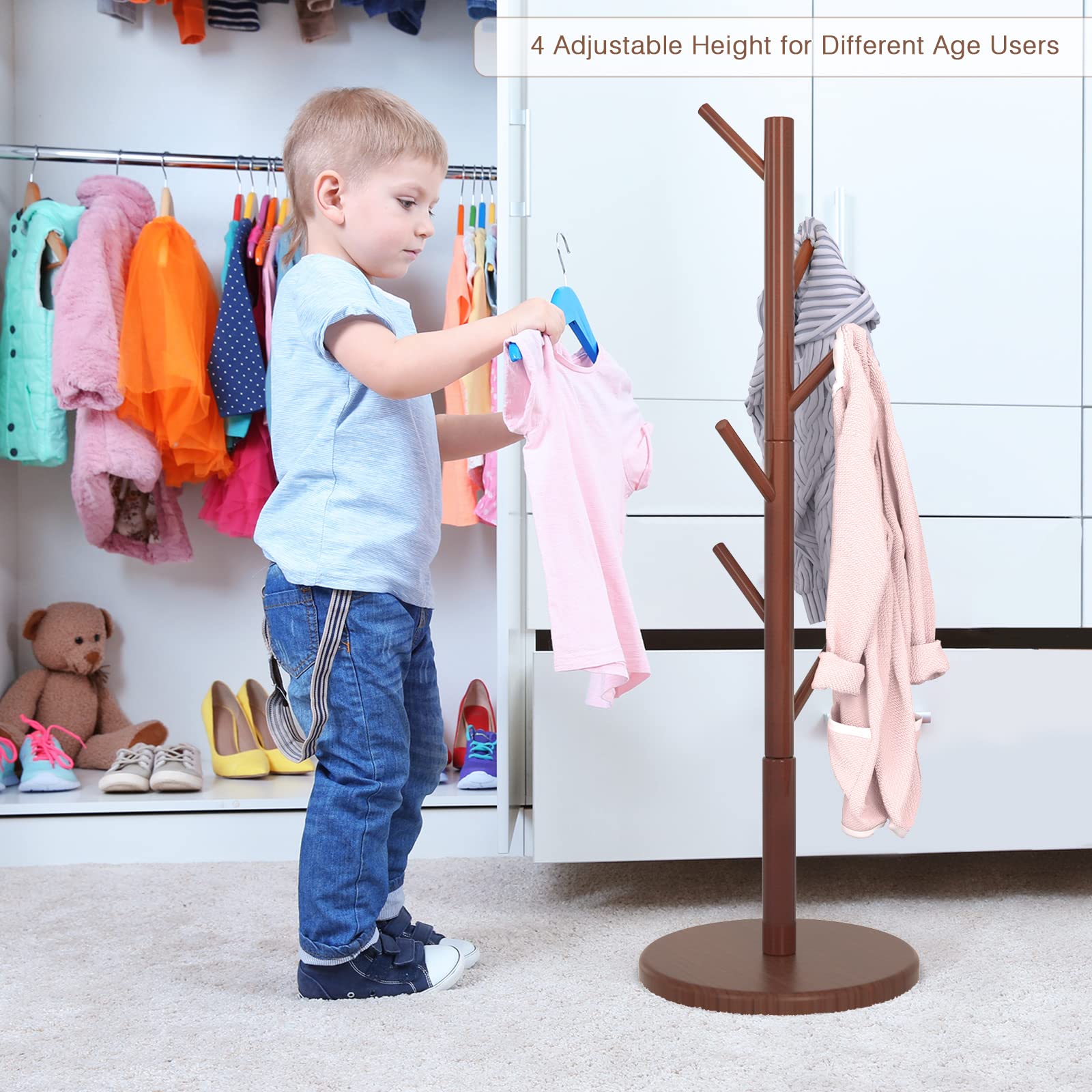 Wooden Coat Rack Freestanding Coat Tree with 4 Height Options and 9 Hooks, Sturdy Coat Rack Stand for Clothes/Bags/Hats, Easy Assemble Save Space for Entryway,Bedroom,Office,Narrow Place (Brown)