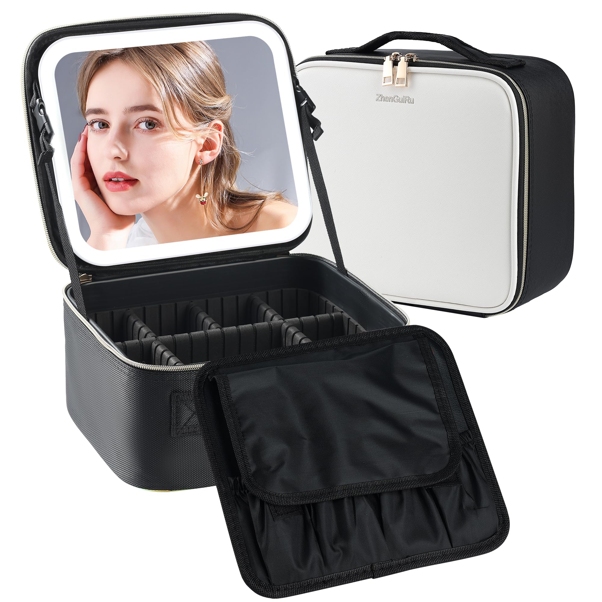 ZhenGuiRu Makeup Bag with LED Mirror, Portable Makeup Artist Organizer Case with Lighted Mirror, Travel Makeup Bag for Cosmetic Brush Holder Storage, White Makeup Bag Gift for Women