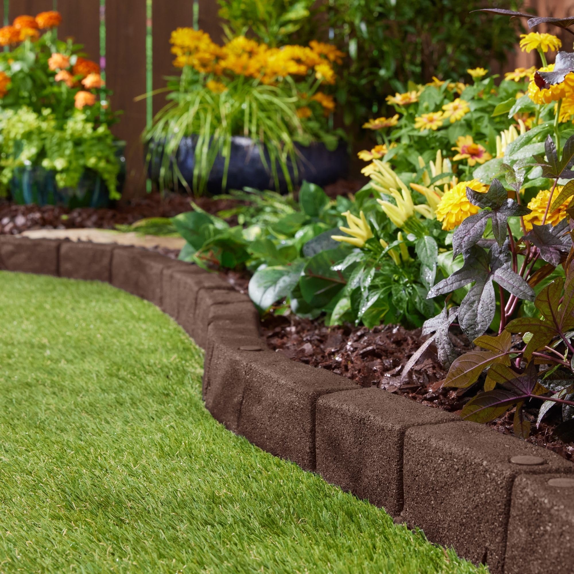 Rubberific 4' Rubber Cobblestone Flexible No Dig Landscape Mulch Border Edging with Anchoring Spikes for Lawns, Gardens, and Flower Beds - 4 Pack (Brown)