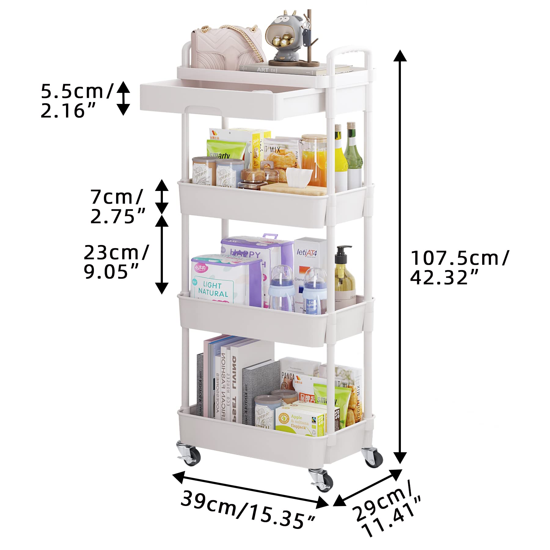 Calmootey 4-Tier Rolling Utility Cart with Drawer,Multifunctional Storage Organizer with Plastic Shelf & Metal Wheel,Storage Cart for Kitchen,Bathroom,Living Room,Office,White