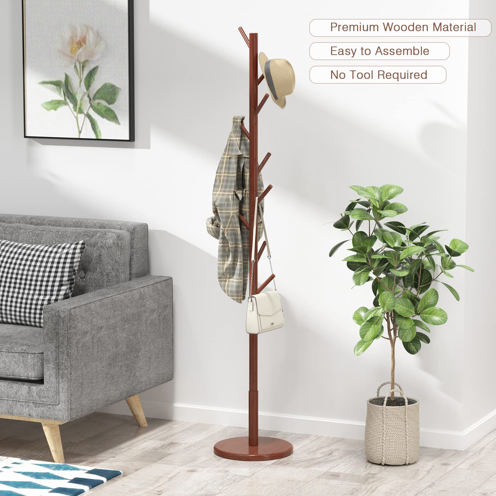 Wooden Coat Rack Freestanding Coat Tree with 4 Height Options and 9 Hooks, Sturdy Coat Rack Stand for Clothes/Bags/Hats, Easy Assemble Save Space for Entryway,Bedroom,Office,Narrow Place (Brown)