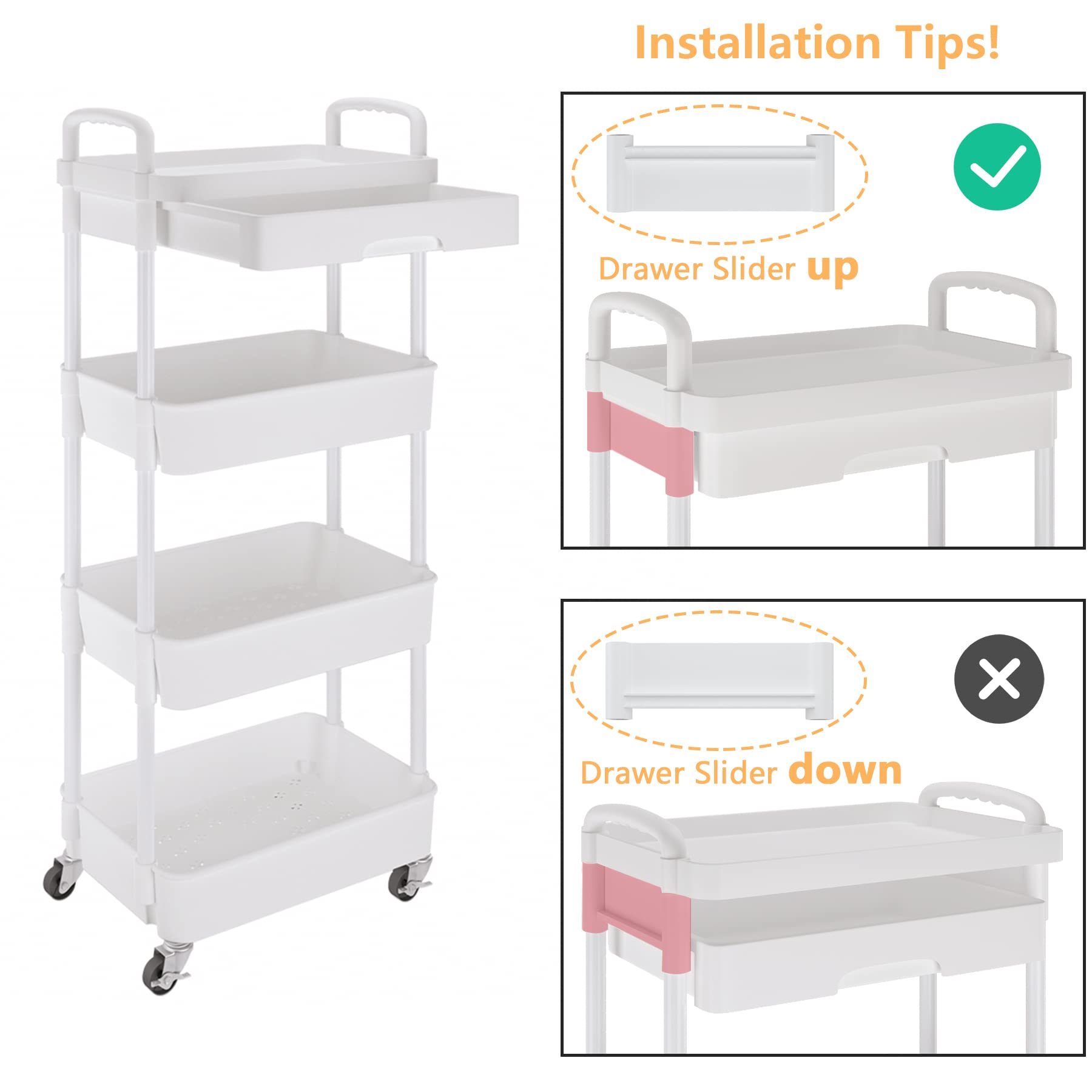 Calmootey 4-Tier Rolling Utility Cart with Drawer,Multifunctional Storage Organizer with Plastic Shelf & Metal Wheel,Storage Cart for Kitchen,Bathroom,Living Room,Office,White