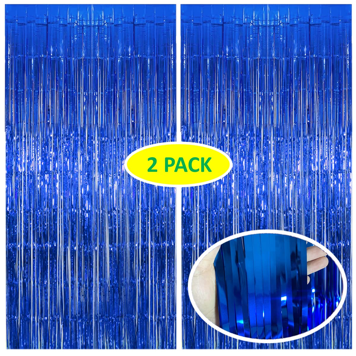 Buyuget 2 Pack Large 3.2 x 8.2 ft Blue Tinsel Foil Fringe Backdrop Curtain Party Decoration - Doorway Streamer Curtain Photo Backdrop for Birthday Wedding Engagement Party Decor
