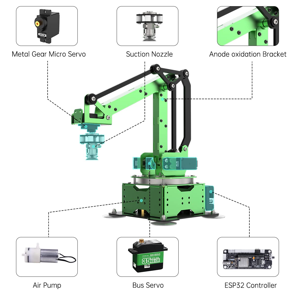 Robotic Arm Kit, MaxArm by ESP32 Open Source Smart Robot Arm with Bus Servo, Suction Nozzle, Wireless Contorll, Support Python & Arduino Programming STEM Science Education (Assembled)