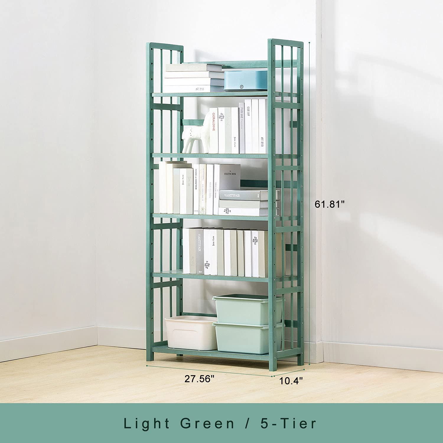 IOTXY Adjustable Bamboo Open Bookshelf - Medium 5-Tier Free Standing Storage Rack, Multifunctional Display Stand for Bookcase, Home and Office, Light Green