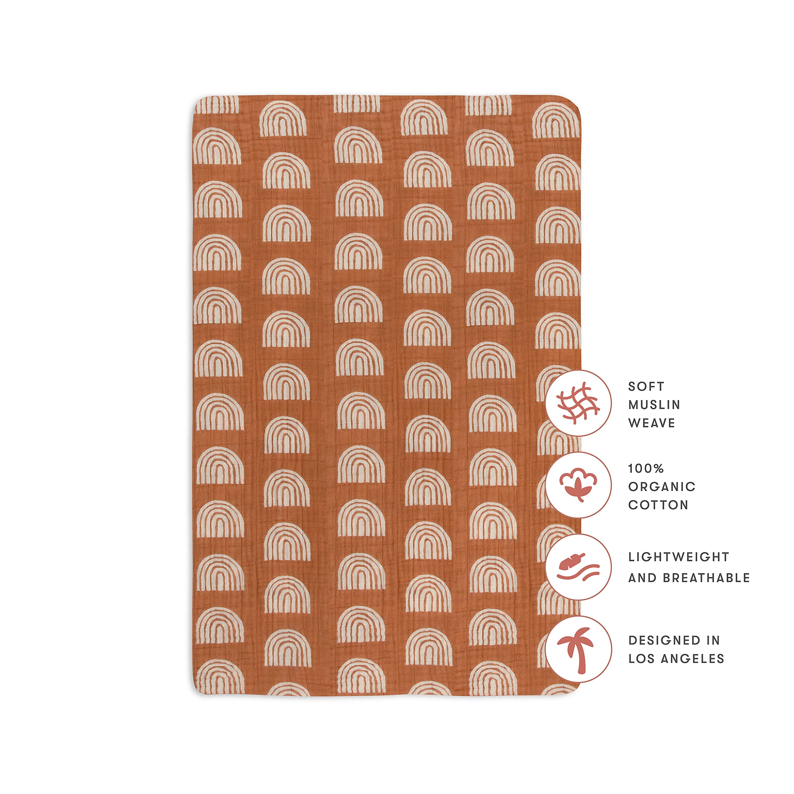 Babyletto 100% Organic Cotton Mini Crib Sheet, GOTS-Certified, Fitted 360°, Ultra-Soft and Breathable Muslin - Terracotta Rainbow