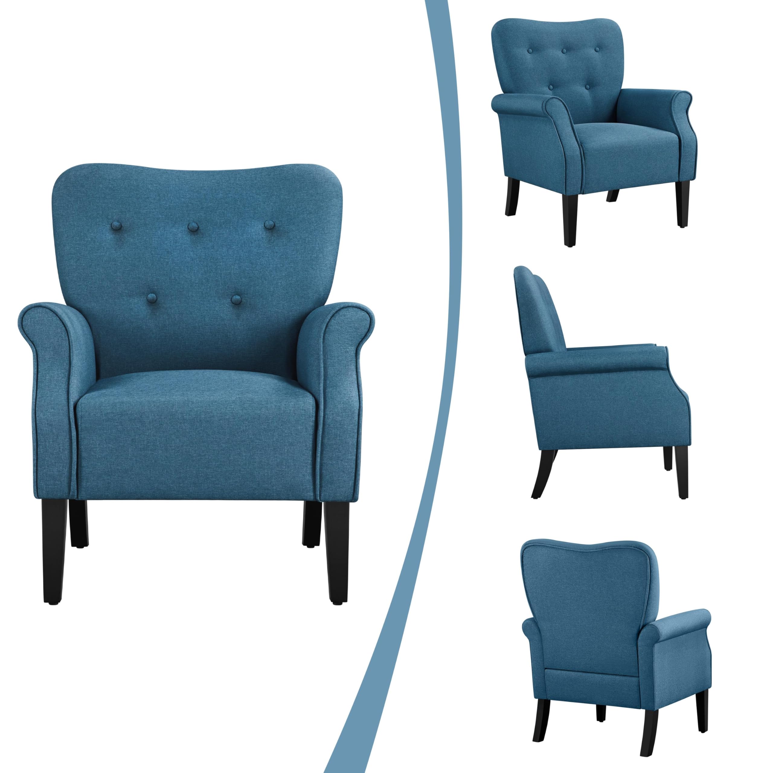 Yaheetech Modern Armchair, Mid Century Accent Chair with Sturdy Wood Legs and High Back for Small Space, Upholstered Fabric Sofa Club Chair for Living Room/Bedroom/Office, Navy Blue