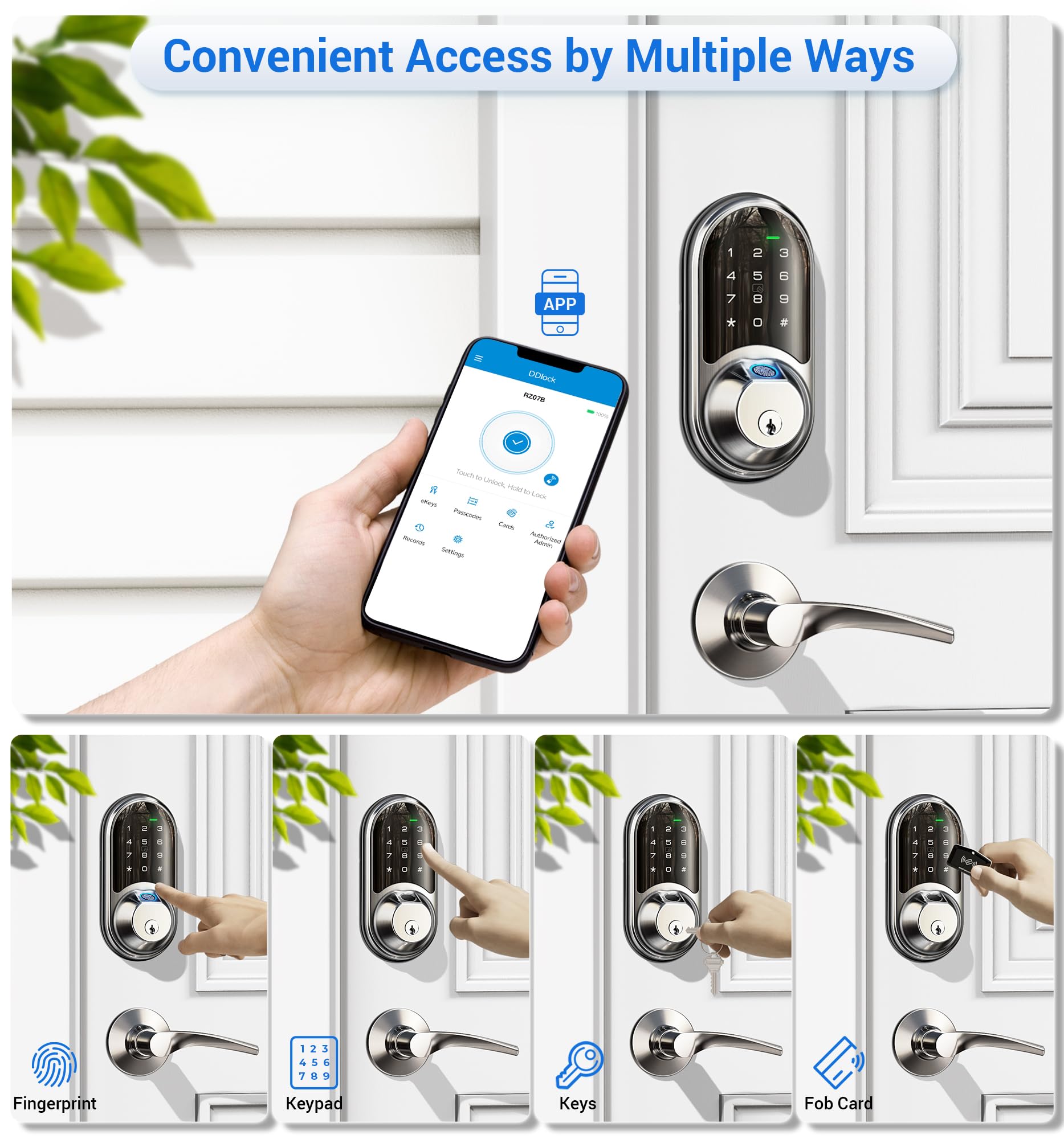 Veise Smart Locks for Front Door, 2 Lever Handles, Fingerprint Keyless Entry, App Control Biometric Door Lock Set, Electronic Digital Touchscreen Keypad Deadbolt, Easy Install, Auto Lock, Satin Nickel