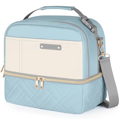 GLORIEROO Large Lunch Bag Women - 2 Tier Vegan Leather Insulated Leakproof Waterproof Lunch Box Cooler with Removable Strap for Work Travel Picnics Teacher Mothers Day Christmas Gifts for Women