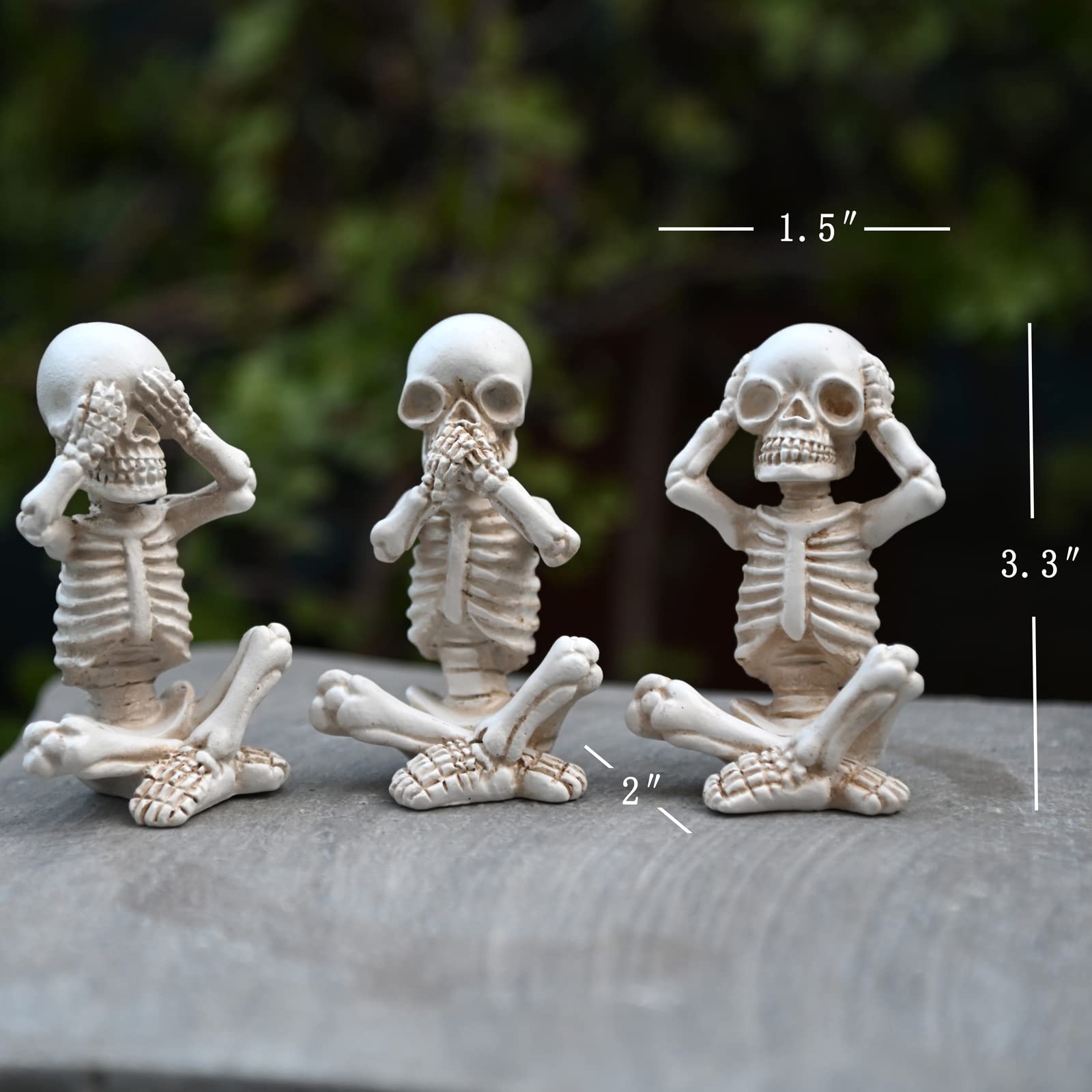 OwMell Set of 3 Skeletons Statue, Yoga Skull Figurine, Hear See Speak No Evil Statue Figurine, Halloween Gothic Home Decor - No Evil