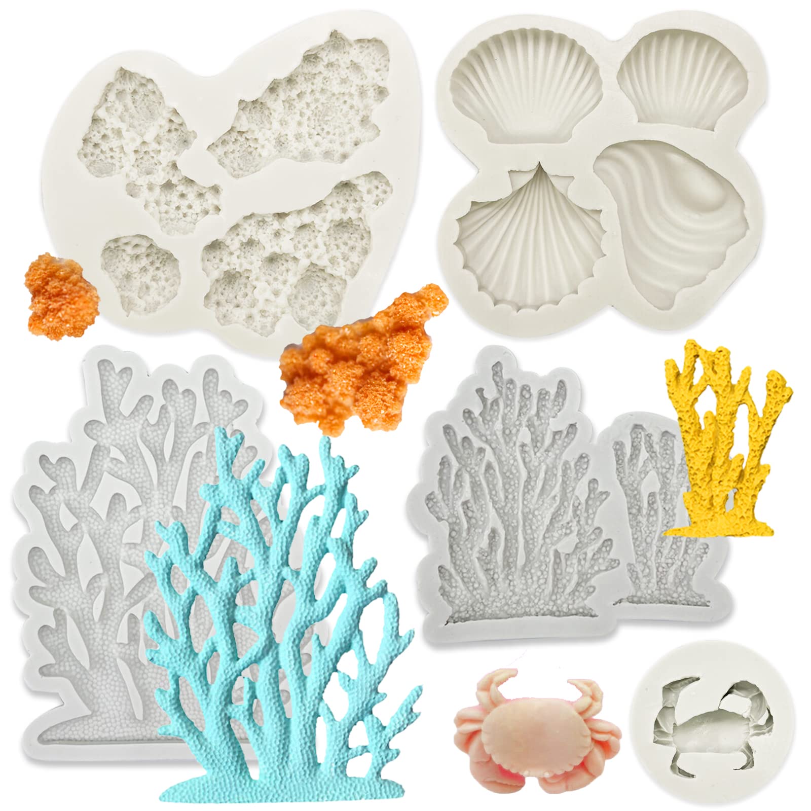 5 PCS Marine Theme Fondant Silicone Mold Seaweed Coral shell crab Shape DIY Handmade Baking Tools, For Theme Cake Cookie Chocolate Candy Decoration Fondant Polymer Clay