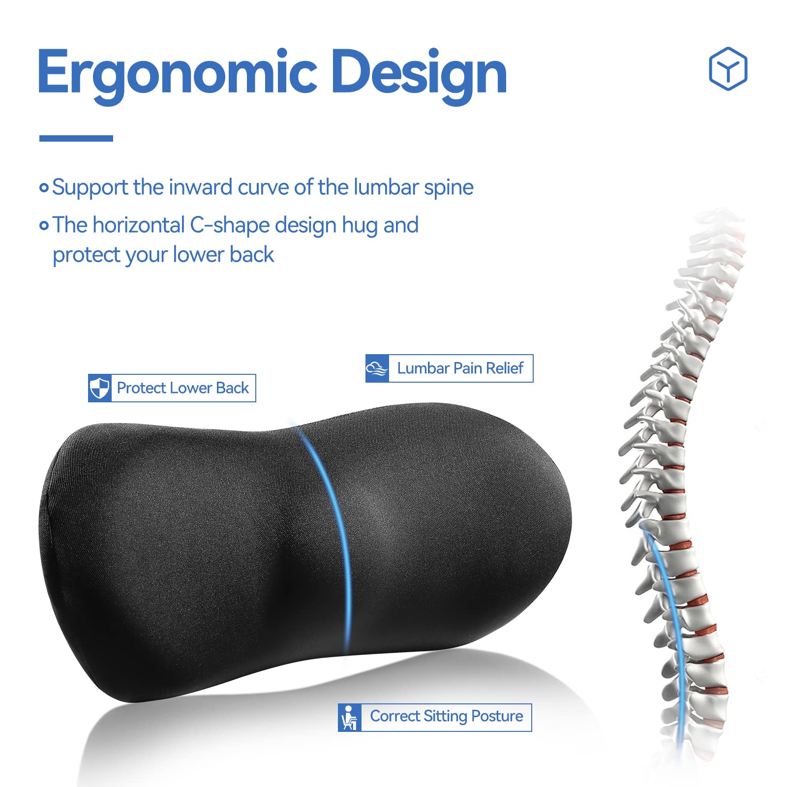 SHAKERINO Lumbar Support Pillow β Memory Foam Lumbar Pillow for Lower Back Support, Back Cushion with Strap for Pain Relief, Perfect Lumbar Support Pillow for Office Chair, Car Seat, Bed, Recliner