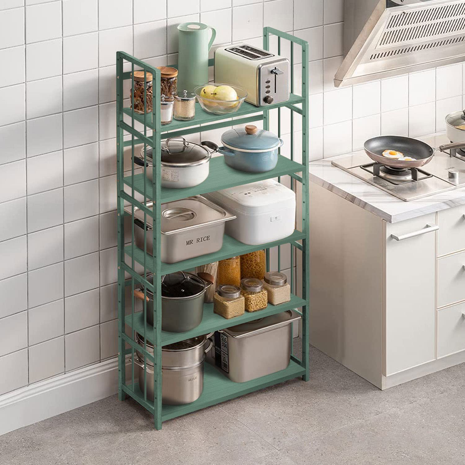 IOTXY Adjustable Bamboo Open Bookshelf - Medium 5-Tier Free Standing Storage Rack, Multifunctional Display Stand for Bookcase, Home and Office, Light Green