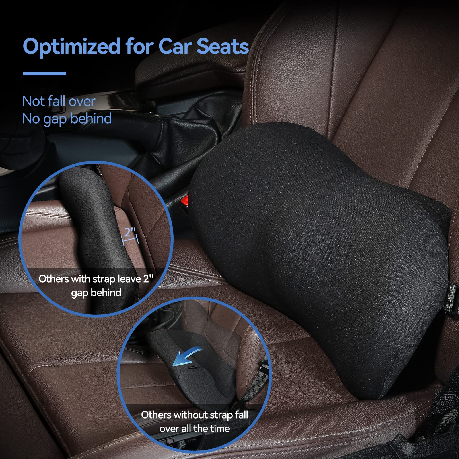 SHAKERINO Lumbar Support Pillow β Memory Foam Lumbar Pillow for Lower Back Support, Back Cushion with Strap for Pain Relief, Perfect Lumbar Support Pillow for Office Chair, Car Seat, Bed, Recliner