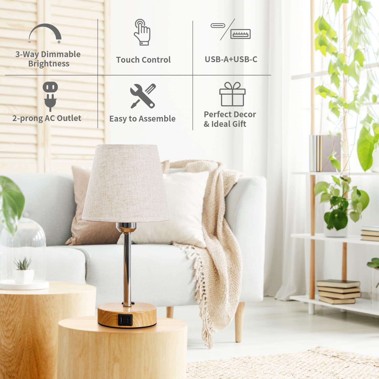 focondot Touch Table Lamps Set of 2-Bulbs Included, Practical Bedside Lamps with USB A+C Ports & 2-Prong AC Outlet, 3-Way Dimmable Nightstand Lamps with Linen Fabric Shade for Home Office Hotel