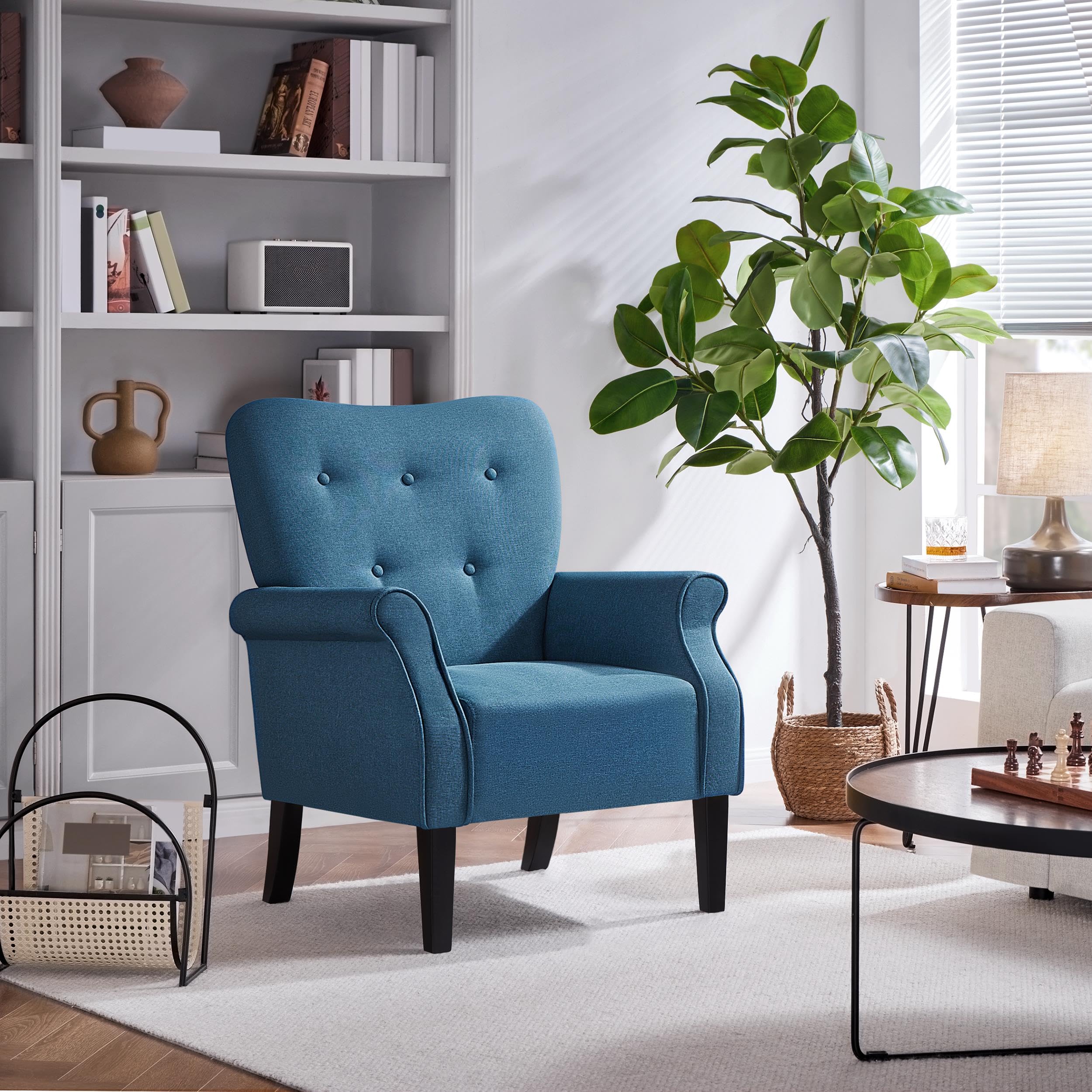 Yaheetech Modern Armchair, Mid Century Accent Chair with Sturdy Wood Legs and High Back for Small Space, Upholstered Fabric Sofa Club Chair for Living Room/Bedroom/Office, Navy Blue
