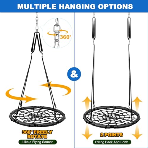 Odoland Spider Web Tree Swing, Outdoor Saucer Net Swing, 900D Oxford Platform Swing for Kids Adult, Backyard Round Flying Swing with Hanging Ropes Straps and Turnbuckle 30in Black