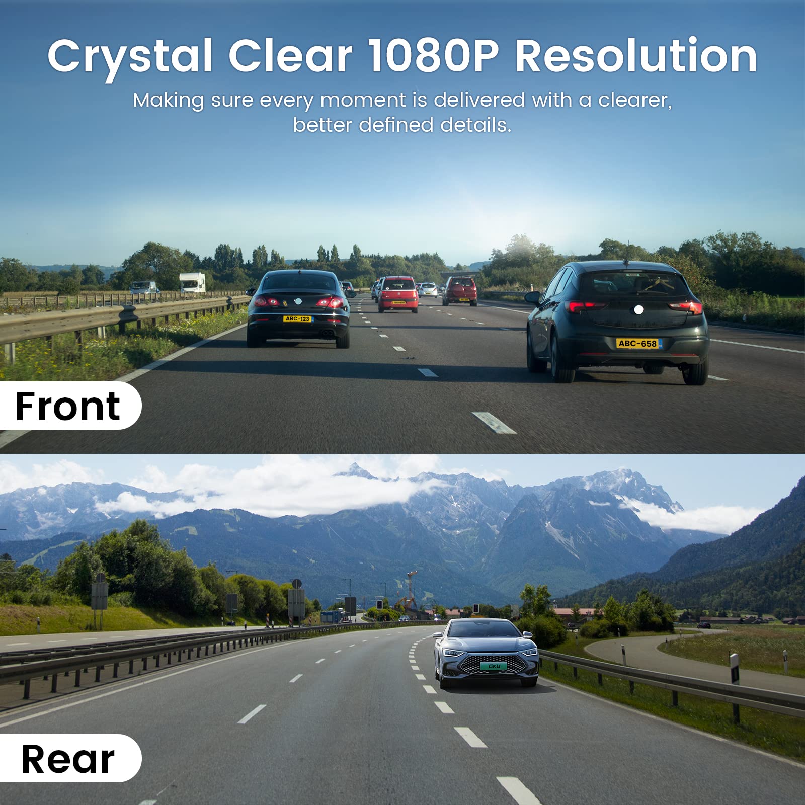 Dash Cam Front and Rear, GKU Dash Cam 1920X1080P FHD Dual Car Camera 170° Wide Angle Backup Dash Camera for Cars,Super Night Vision Car Dash Cam with Parking Mode,Motion Detection,Loop Recording