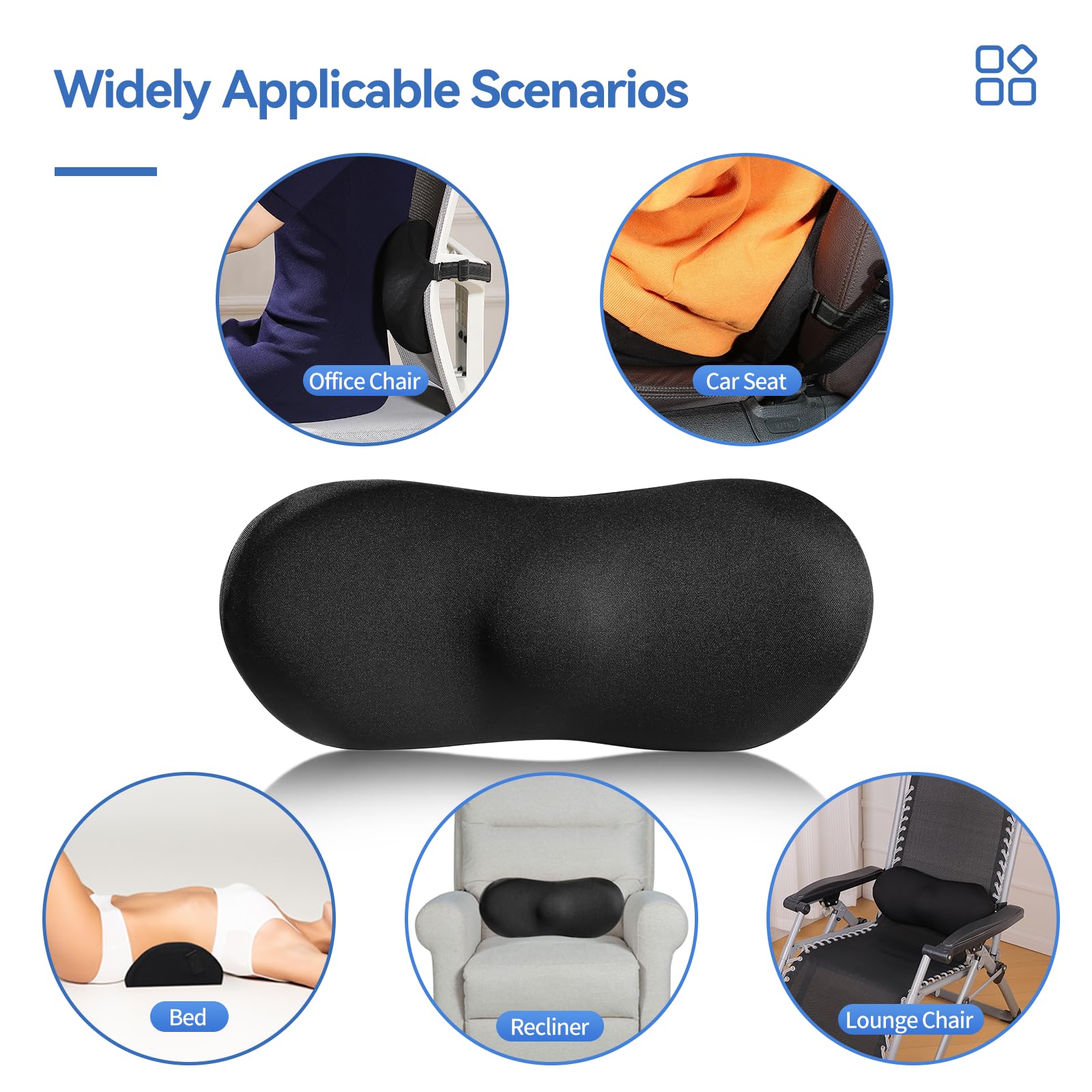 SHAKERINO Lumbar Support Pillow β Memory Foam Lumbar Pillow for Lower Back Support, Back Cushion with Strap for Pain Relief, Perfect Lumbar Support Pillow for Office Chair, Car Seat, Bed, Recliner