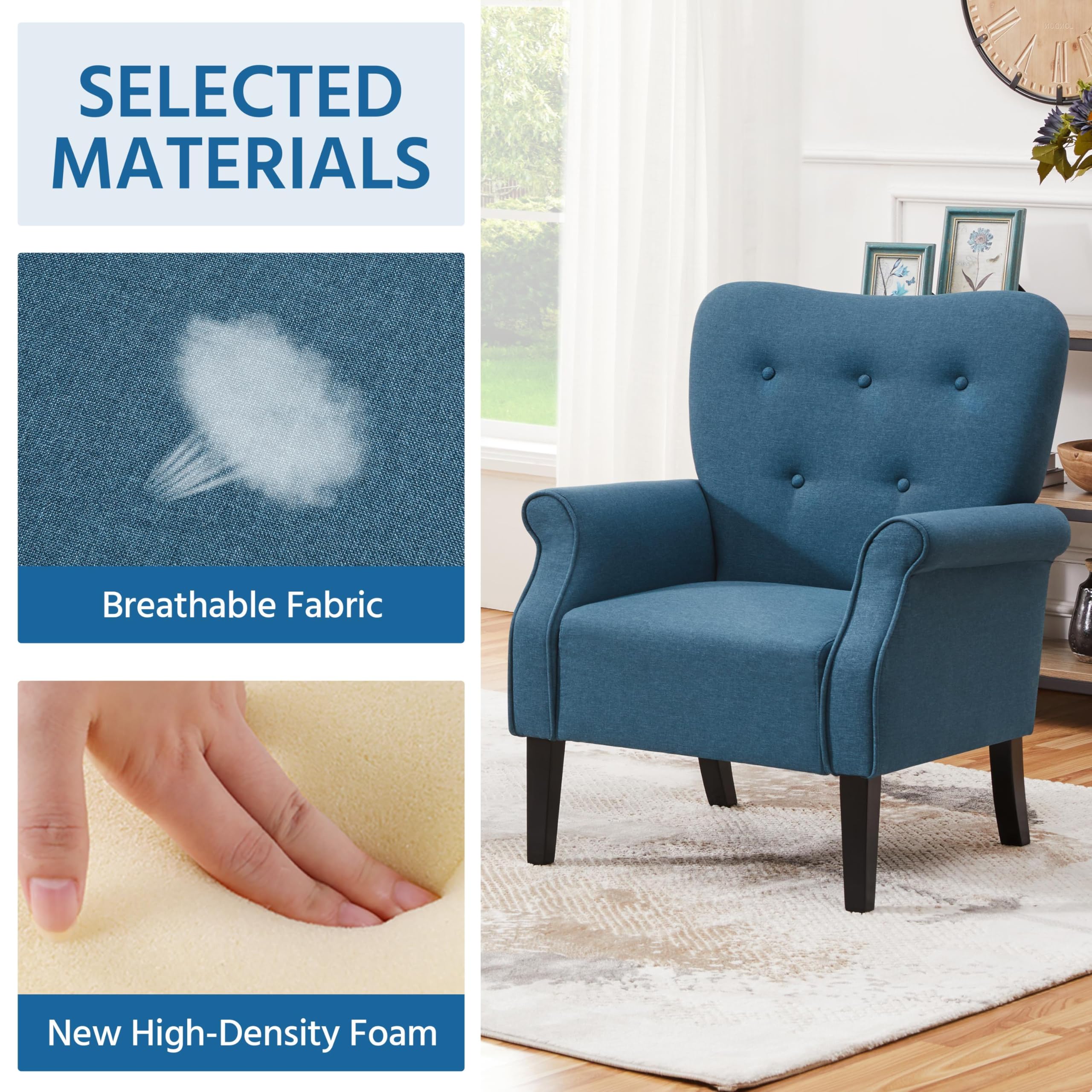 Yaheetech Modern Armchair, Mid Century Accent Chair with Sturdy Wood Legs and High Back for Small Space, Upholstered Fabric Sofa Club Chair for Living Room/Bedroom/Office, Navy Blue