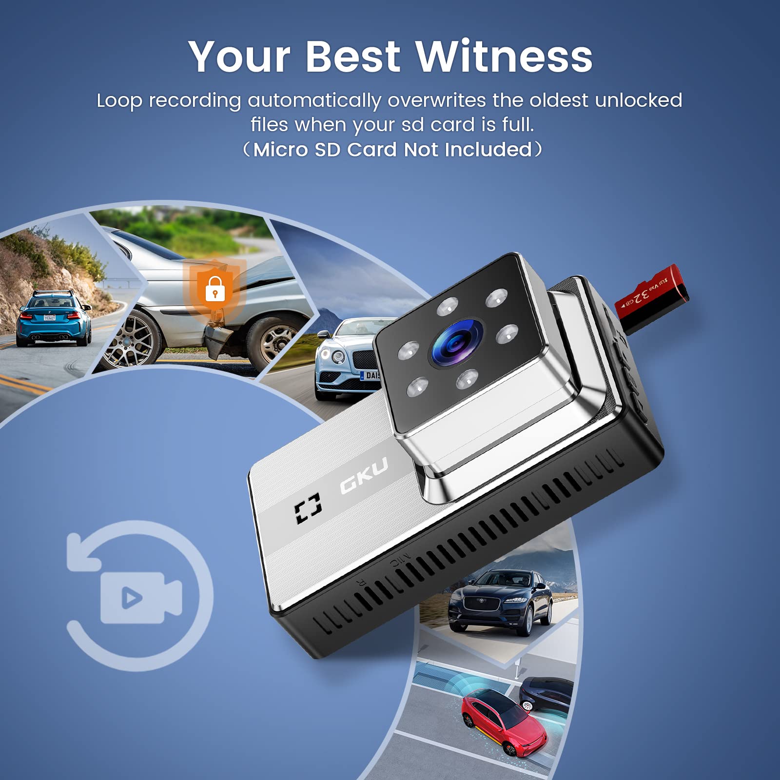 Dash Cam Front and Rear, GKU Dash Cam 1920X1080P FHD Dual Car Camera 170° Wide Angle Backup Dash Camera for Cars,Super Night Vision Car Dash Cam with Parking Mode,Motion Detection,Loop Recording