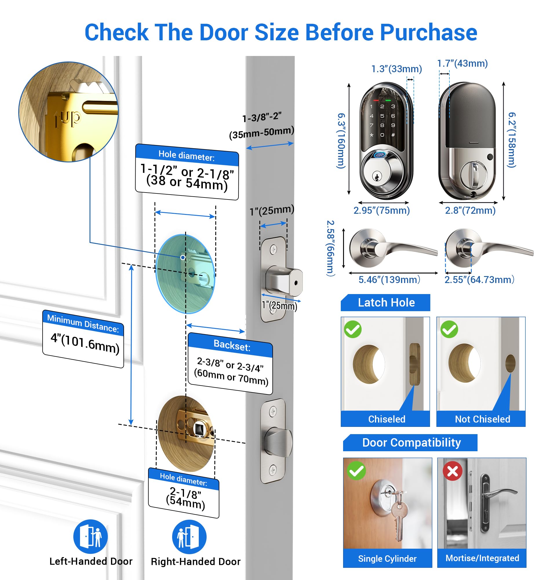 Veise Smart Locks for Front Door, 2 Lever Handles, Fingerprint Keyless Entry, App Control Biometric Door Lock Set, Electronic Digital Touchscreen Keypad Deadbolt, Easy Install, Auto Lock, Satin Nickel