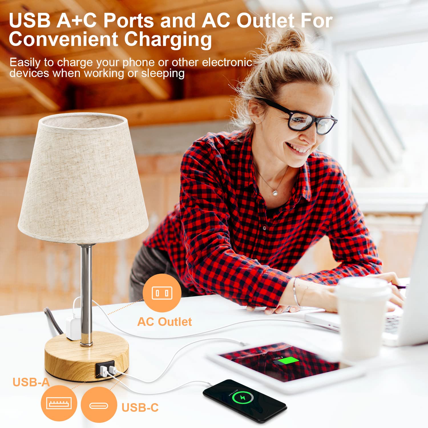 focondot Touch Table Lamps Set of 2-Bulbs Included, Practical Bedside Lamps with USB A+C Ports & 2-Prong AC Outlet, 3-Way Dimmable Nightstand Lamps with Linen Fabric Shade for Home Office Hotel