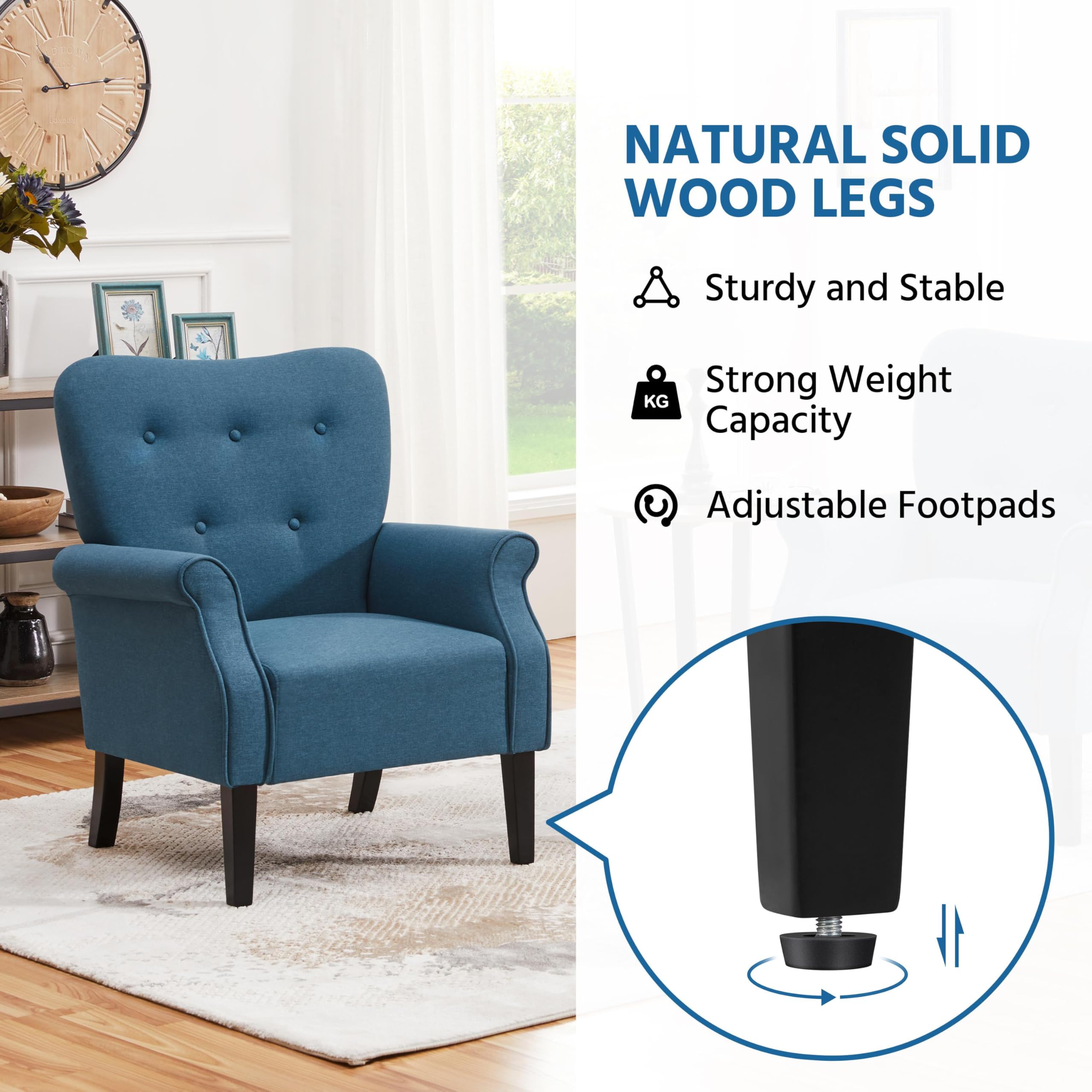 Yaheetech Modern Armchair, Mid Century Accent Chair with Sturdy Wood Legs and High Back for Small Space, Upholstered Fabric Sofa Club Chair for Living Room/Bedroom/Office, Navy Blue