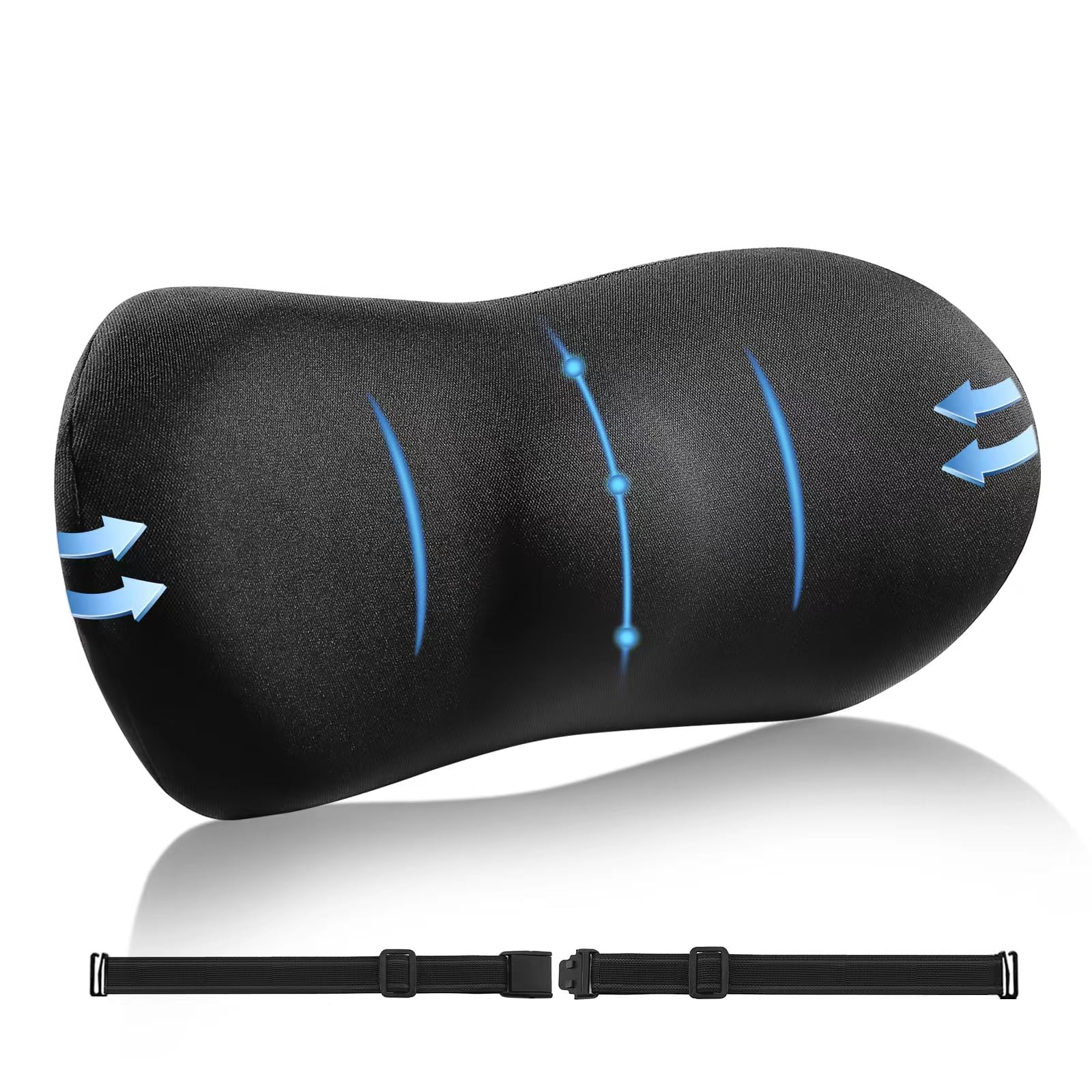 SHAKERINO Lumbar Support Pillow – Memory Foam Lumbar Pillow for Lower Back Support, Back Cushion with Strap for Pain Relief, Perfect Lumbar Support Pillow for Office Chair, Car Seat, Bed, Recliner