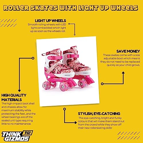 Think Gizmos Girls Roller Skates - Comfort Fit Adjustable Boot Size (1-4), Light Up Wheels, Super Smooth Rolling, Adjustable Straps, Suitable for Indoor and Outdoor Skating - Pink