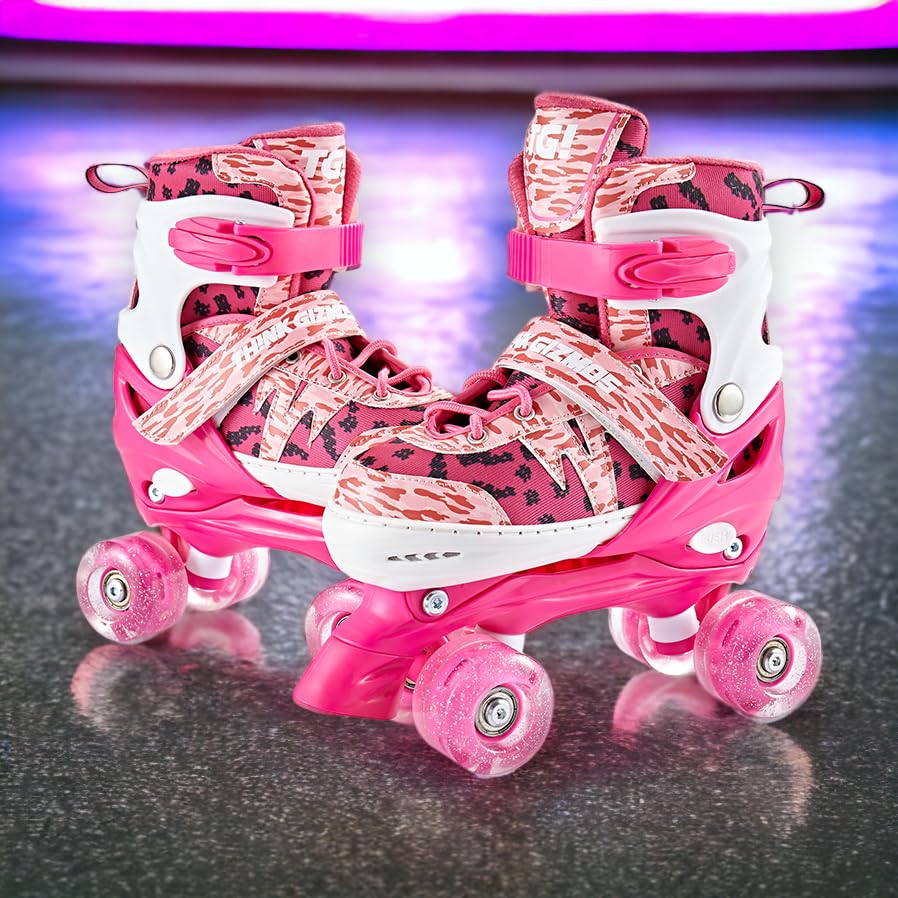 Think Gizmos Girls Roller Skates - Comfort Fit Adjustable Boot Size (1-4), Light Up Wheels, Super Smooth Rolling, Adjustable Straps, Suitable for Indoor and Outdoor Skating - Pink