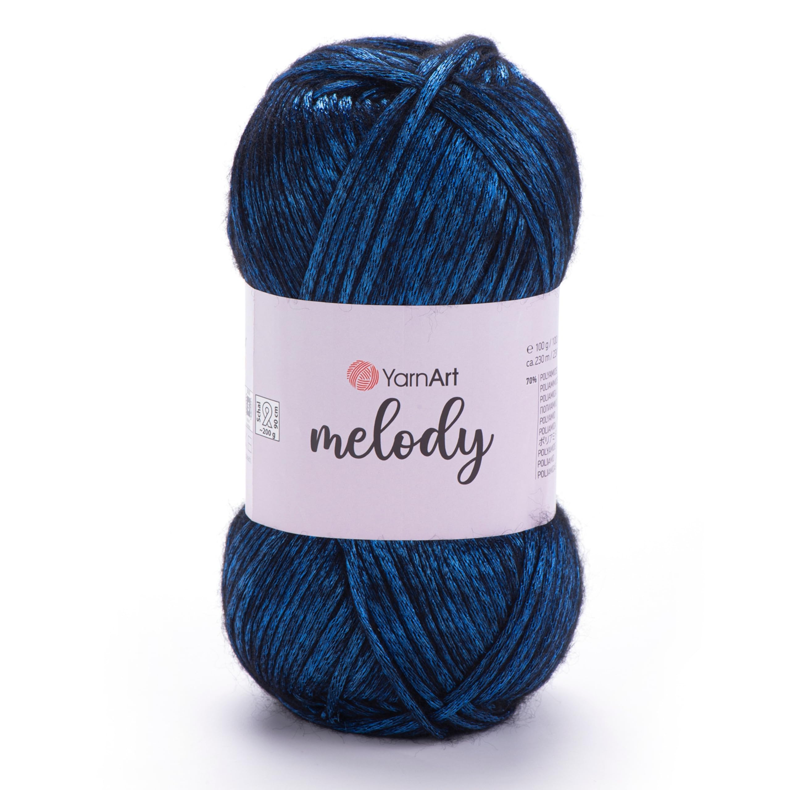 1 Ball YarnArt Melody, Chainette Yarn, Shiny Metallic Sheen Yarn for Knitting, Crochet, Embroidery, 100 Grams (3.5 oz), 230 Meters (251 Yards), 70% Polyamide 21% Acrylic 9% Wool Blend, Blue - 900