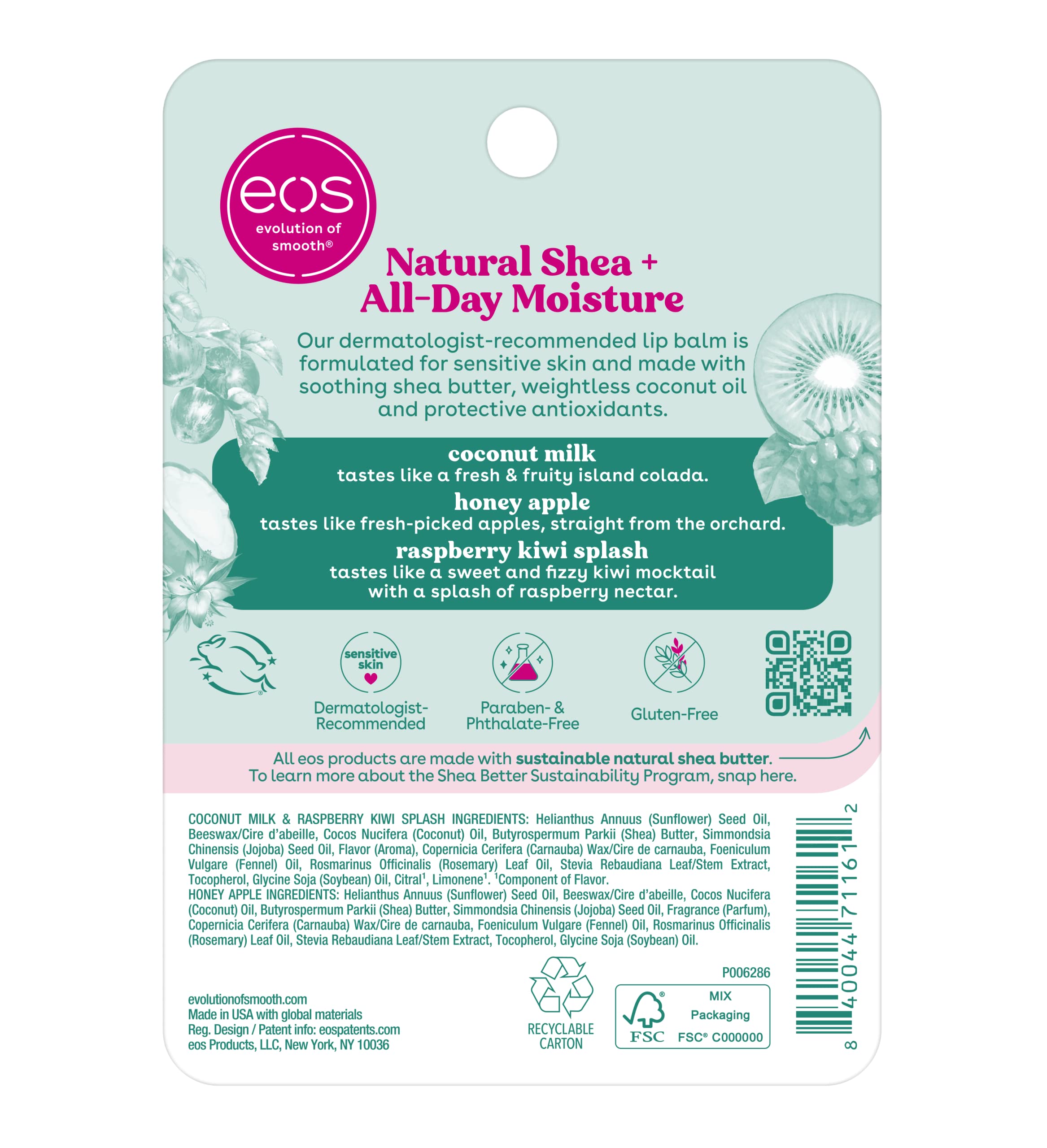 eos Natural Shea Lip Balm, Honey Apple, Coconut Milk & Raspberry Kiwi Splash, All-Day Moisture, Lip Care Products, 0.14 oz, 3-Pack