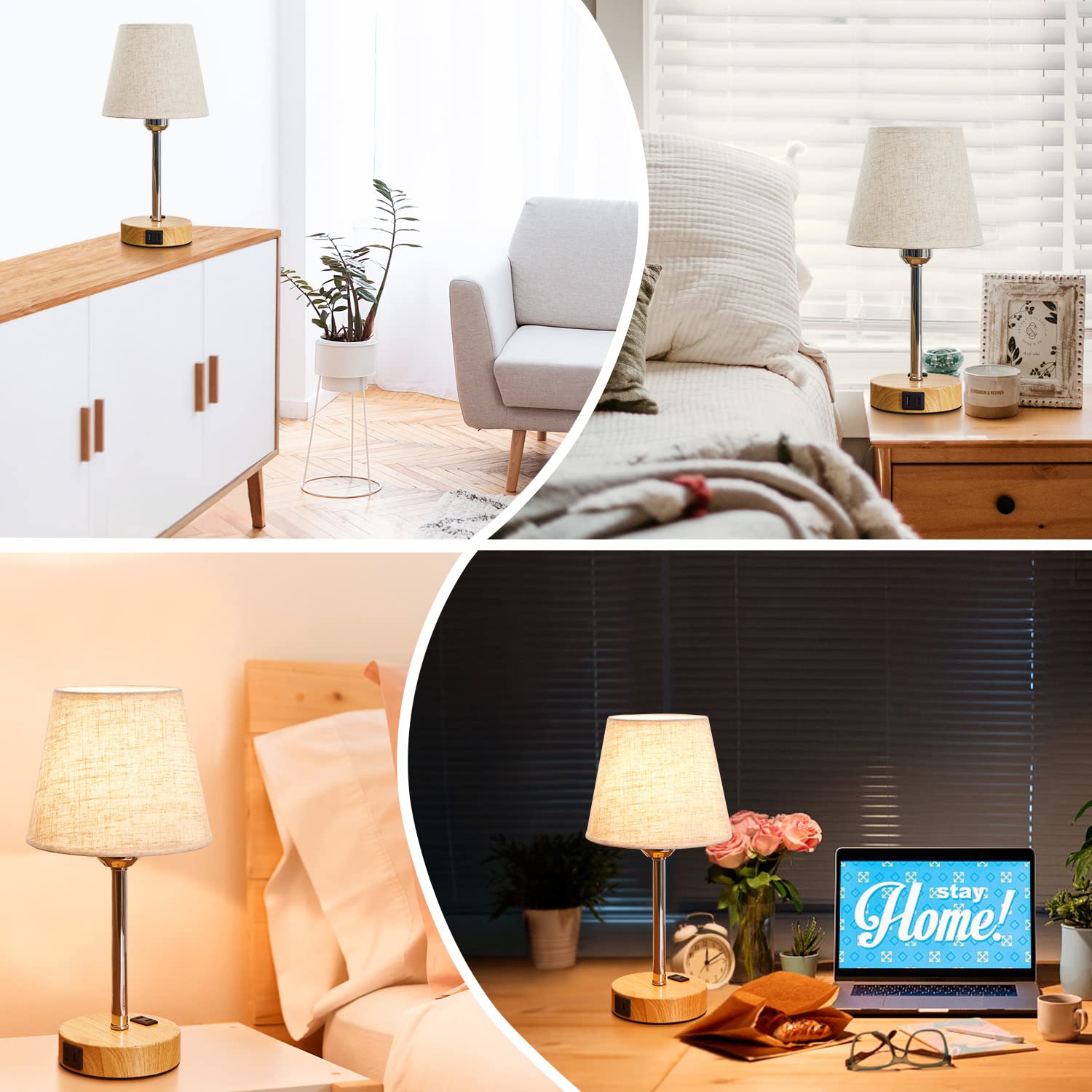 focondot Touch Table Lamps Set of 2-Bulbs Included, Practical Bedside Lamps with USB A+C Ports & 2-Prong AC Outlet, 3-Way Dimmable Nightstand Lamps with Linen Fabric Shade for Home Office Hotel