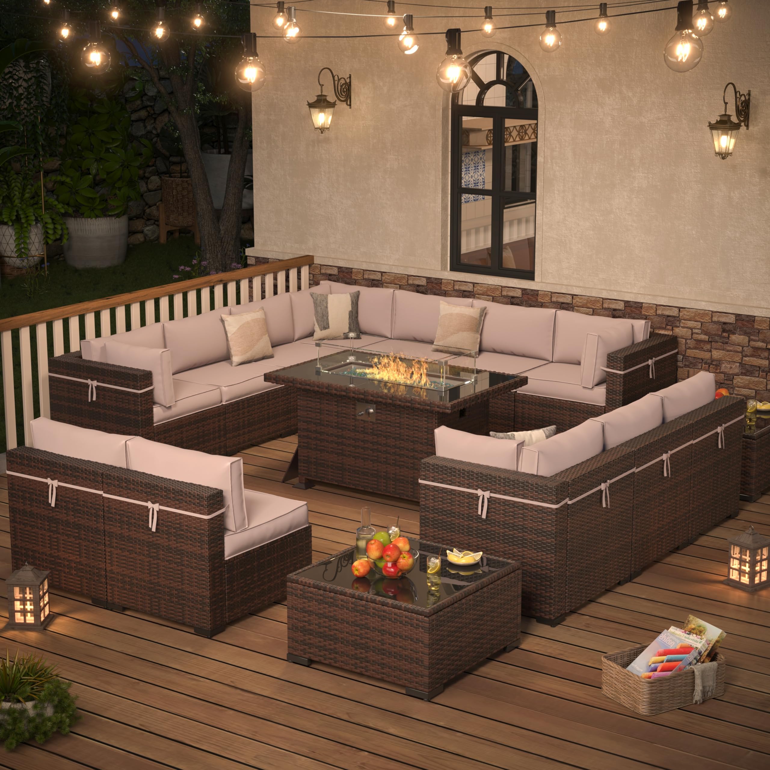 Amopatio Outdoor Patio Furniture Set, 14 Pieces PE Wicker Pit Sectional Sofa with Khaki Cushions, Coffee Tables, All-Weather Covers, Patio Conversation Sets Fits Patio Deck Balcony Yard