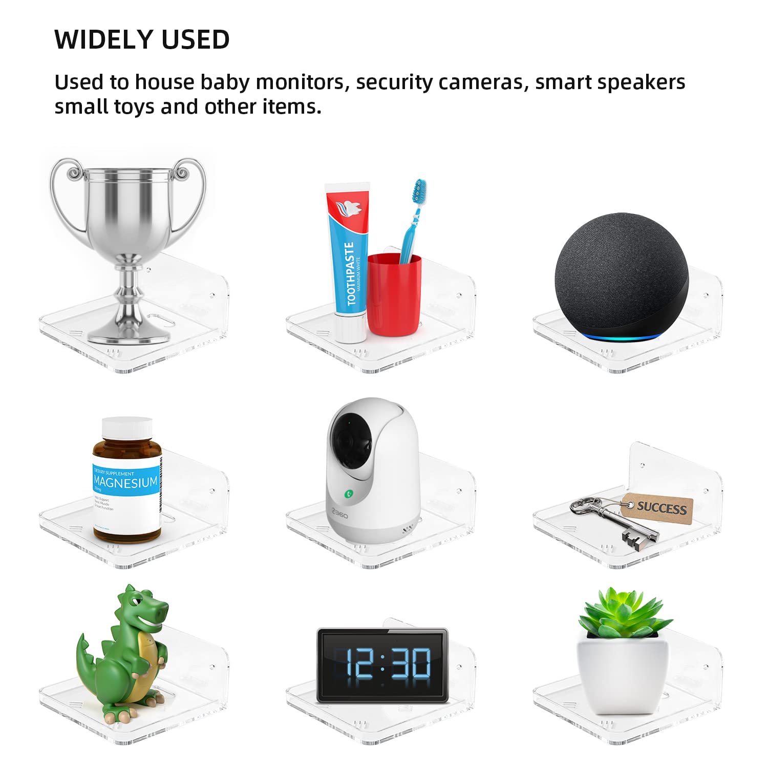 Wall Mount Floating Shelves for 2 Pcs Camera Mini Speaker Shelf Baby Monitor Wall Mount Shelf Other Small Items in Bedroom Bathroom Kitchen Living Room Clear Mini Shelf Flexible Use for Wall Space