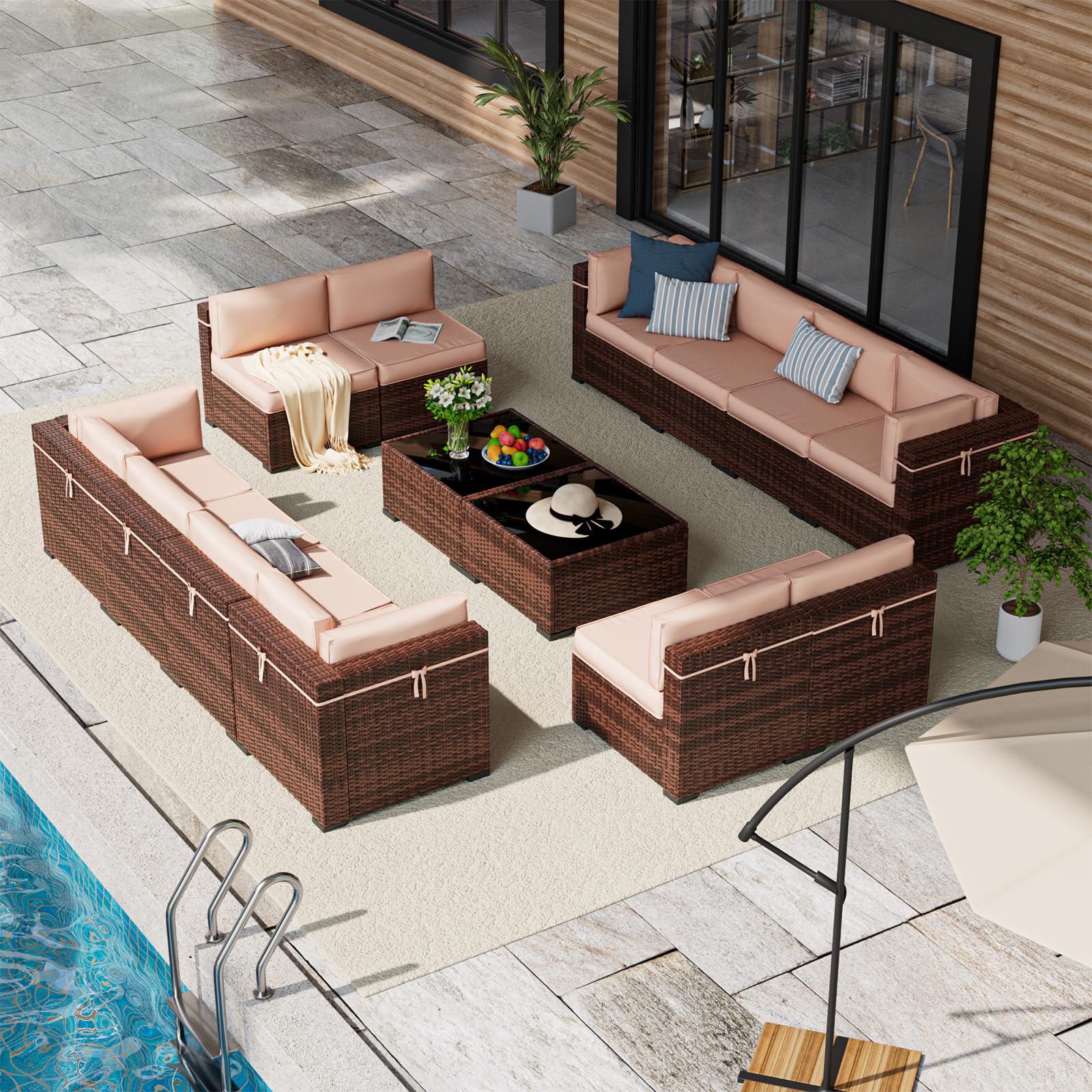 Amopatio Outdoor Patio Furniture Set, 14 Pieces PE Wicker Pit Sectional Sofa with Khaki Cushions, Coffee Tables, All-Weather Covers, Patio Conversation Sets Fits Patio Deck Balcony Yard