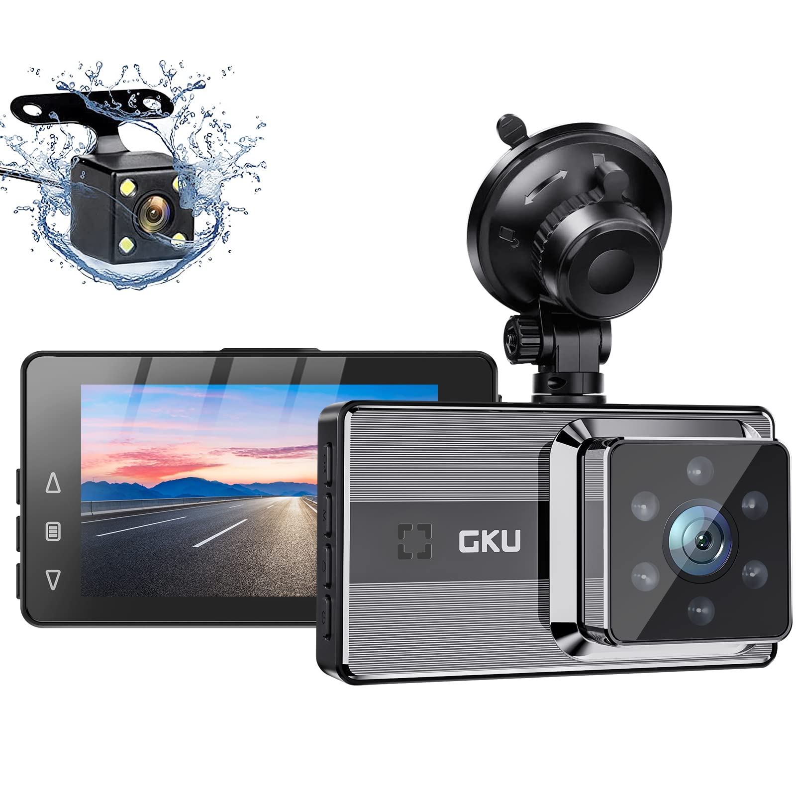 Dash Cam Front and Rear, GKU Dash Cam 1920X1080P FHD Dual Car Camera 170° Wide Angle Backup Dash Camera for Cars,Super Night Vision Car Dash Cam with Parking Mode,Motion Detection,Loop Recording