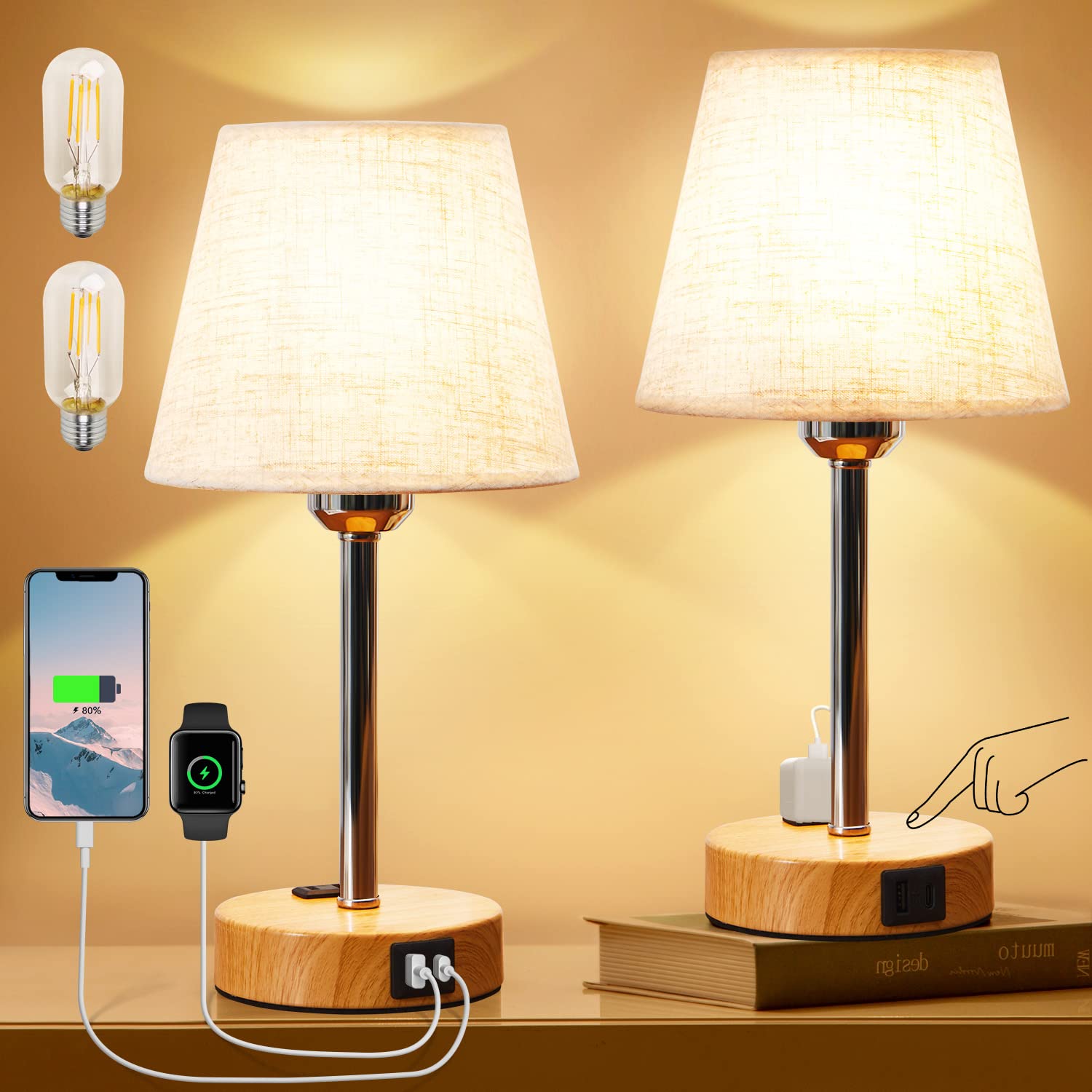 focondot Touch Table Lamps Set of 2-Bulbs Included, Practical Bedside Lamps with USB A+C Ports & 2-Prong AC Outlet, 3-Way Dimmable Nightstand Lamps with Linen Fabric Shade for Home Office Hotel