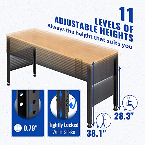 VEVOR Adjustable Workbench, 48" L X 20" W Garage Table w/ 28.3" - 38.1" Heights & 2000 LBS Load Capacity, with Power Outlets & Hardwood Top & Metal Frame & Foot Pads, for Office Home Garage
