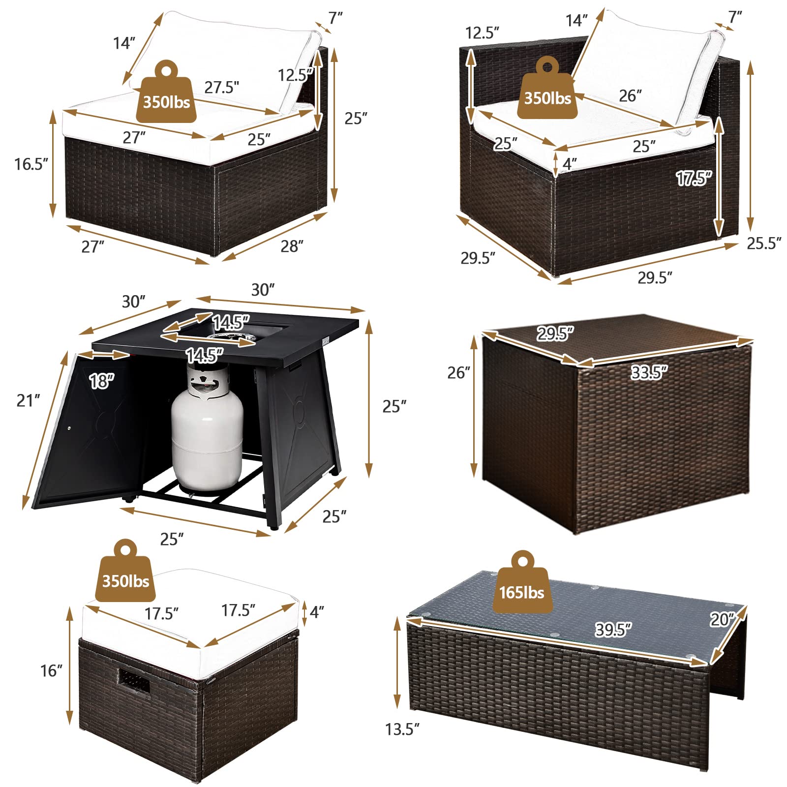 Tangkula 9 Pieces Patio Furniture Set with 30” Propane Fire Pit Table, Outdoor PE Wicker Sectional Sofa Set with Storage Box, 50,000 BTU Gas Fire Pit Table with 2 Protective Covers (Black)