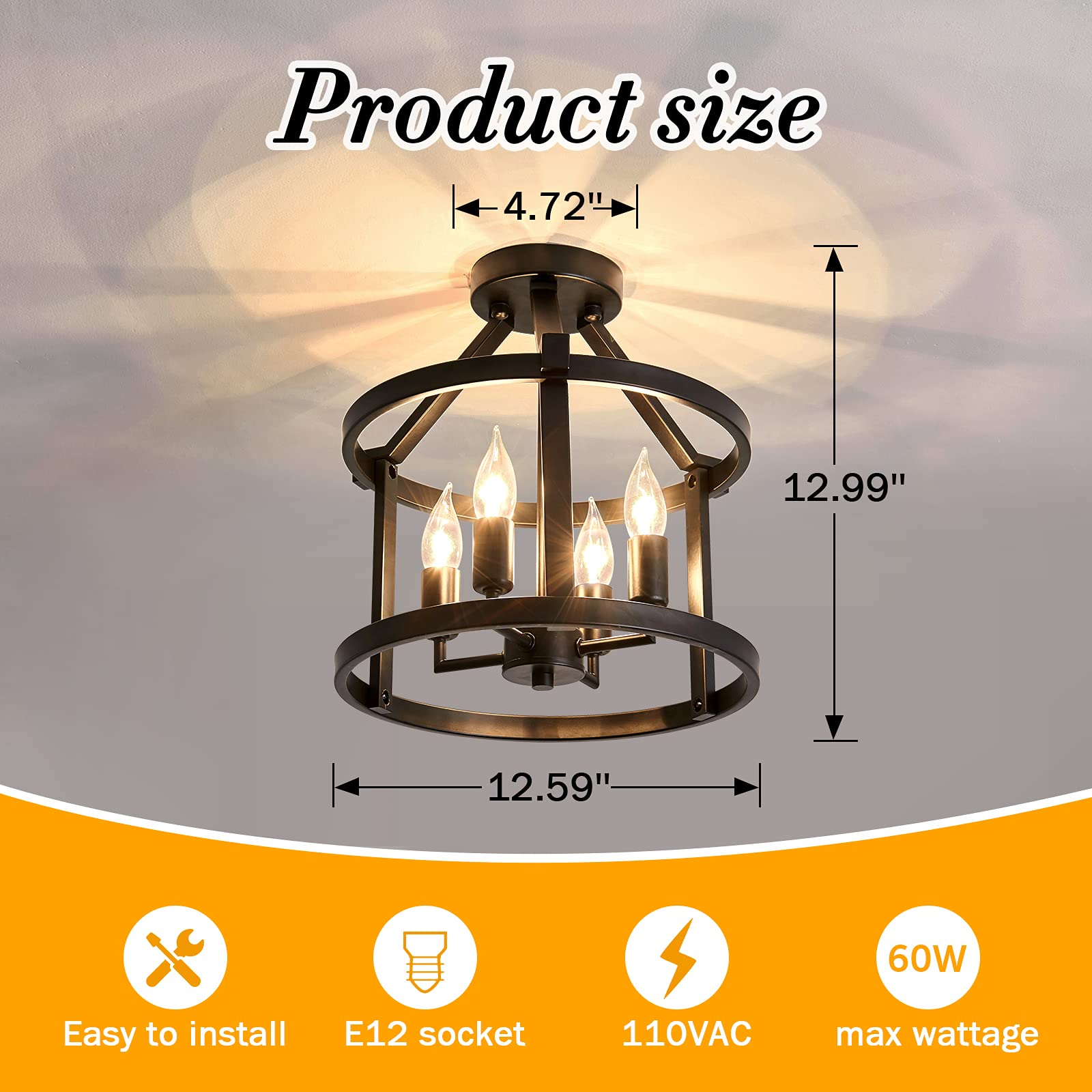 UOFUS 2-Pack Semi Flush Mount Ceiling Light Fixture Farmhouse Matte Chandelier Ceiling Lamp for Entryway Foyer Dining Room Bedroom Kitchen Hallway (Black Metal )