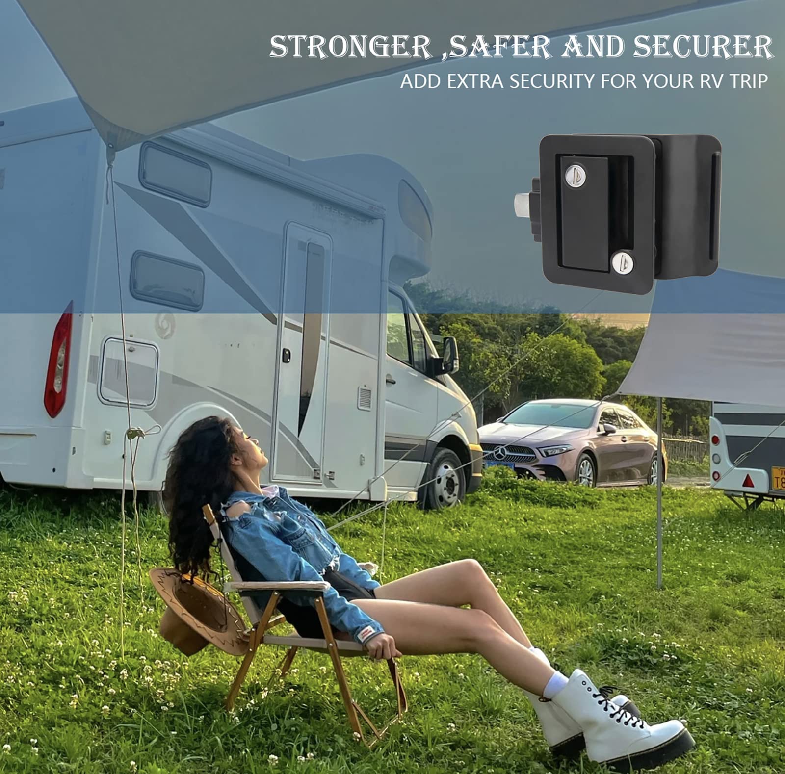 RV Camper Door Latch Lock,100% Metal Camper Door Lock Replacement kit,2 Pack Black rv Entry Door Locks for Travel Trailers,Only Fits 2.75"x3.75" Door Lock Hole 8 Camper Keys