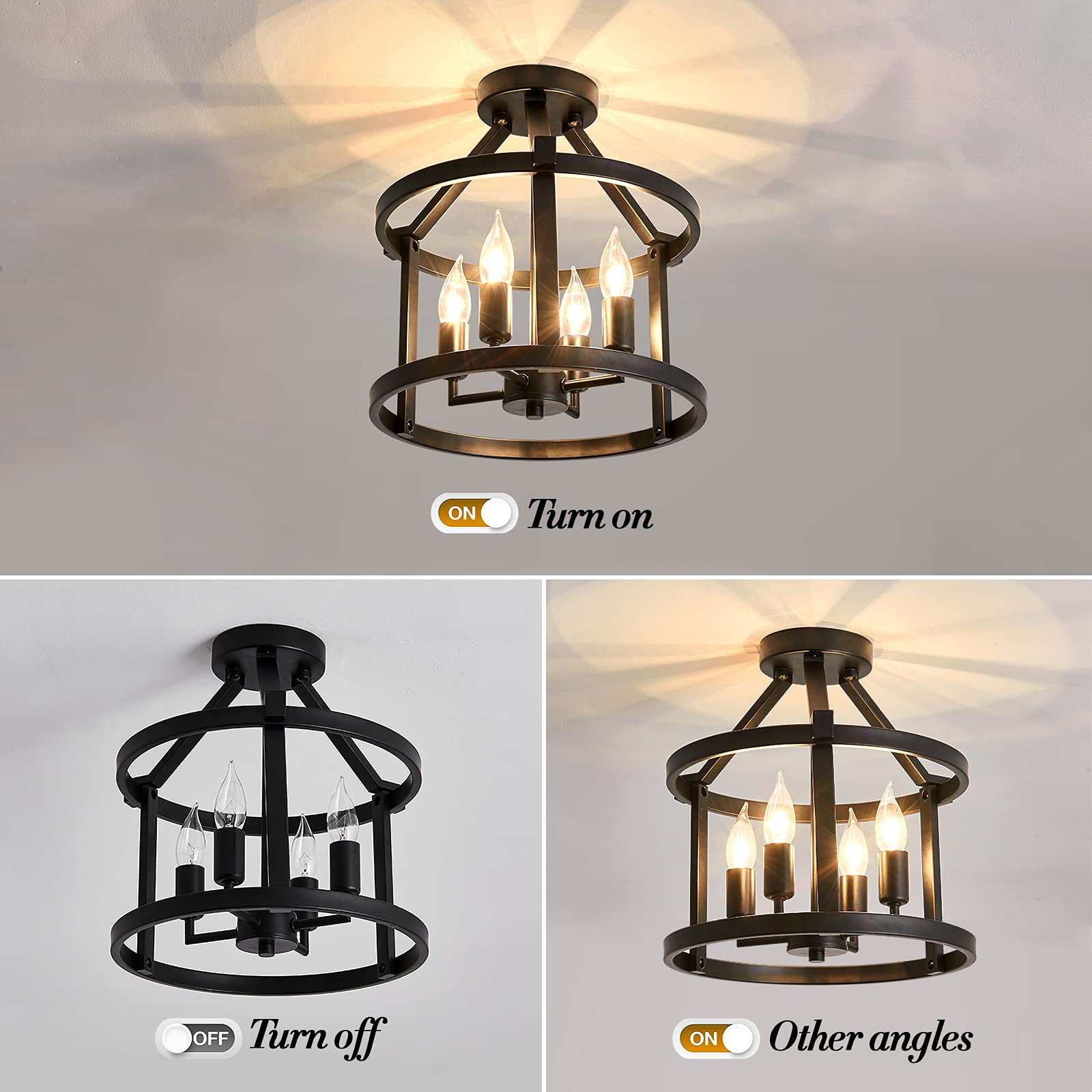 UOFUS 2-Pack Semi Flush Mount Ceiling Light Fixture Farmhouse Matte Chandelier Ceiling Lamp for Entryway Foyer Dining Room Bedroom Kitchen Hallway (Black Metal )