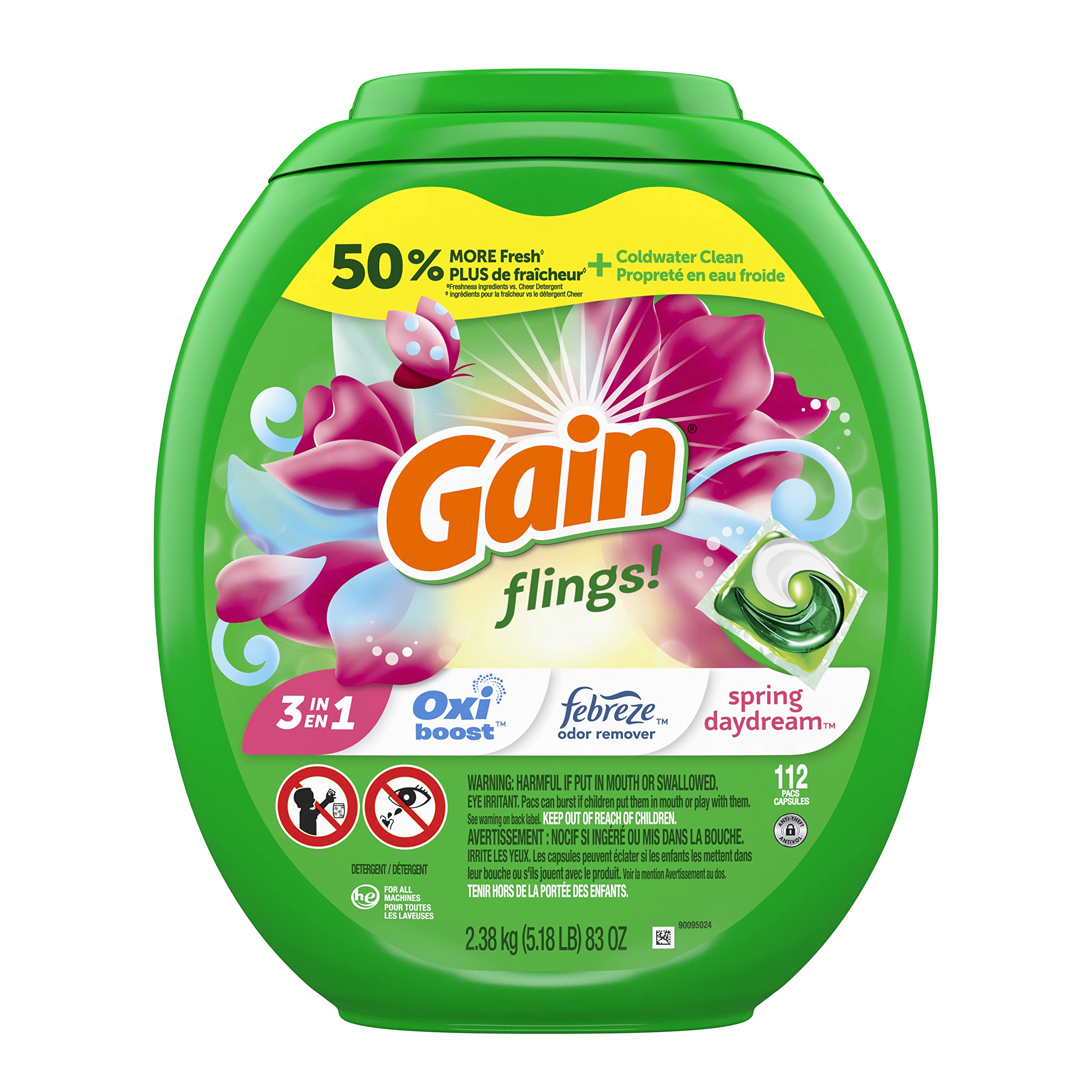 Gain flings Laundry Detergent Soap Pacs HE Compatible 112 ct Long Lasting Scent Spring Daydream