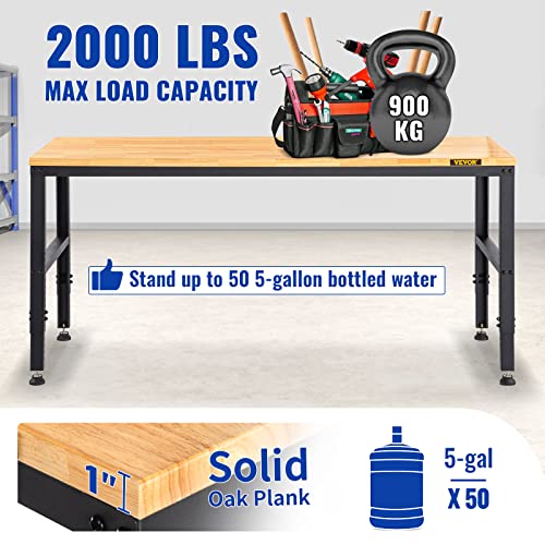 VEVOR Adjustable Workbench, 48" L X 20" W Garage Table w/ 28.3" - 38.1" Heights & 2000 LBS Load Capacity, with Power Outlets & Hardwood Top & Metal Frame & Foot Pads, for Office Home Garage