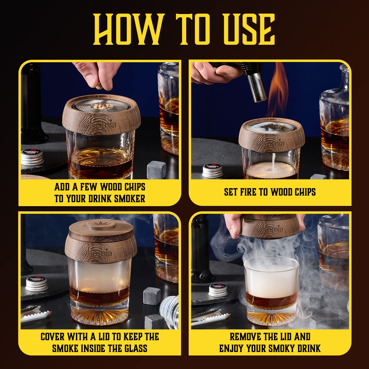 Whiskey Gift Set, 14 pcs - Whiskey Decanter + Wooden Smoker + Old Fashioned Glasses - 2 pcs, in Wooden Box with Wood Chips, Whiskey Stones 6 pcs Included - Gift for Men (Torch Not Included)